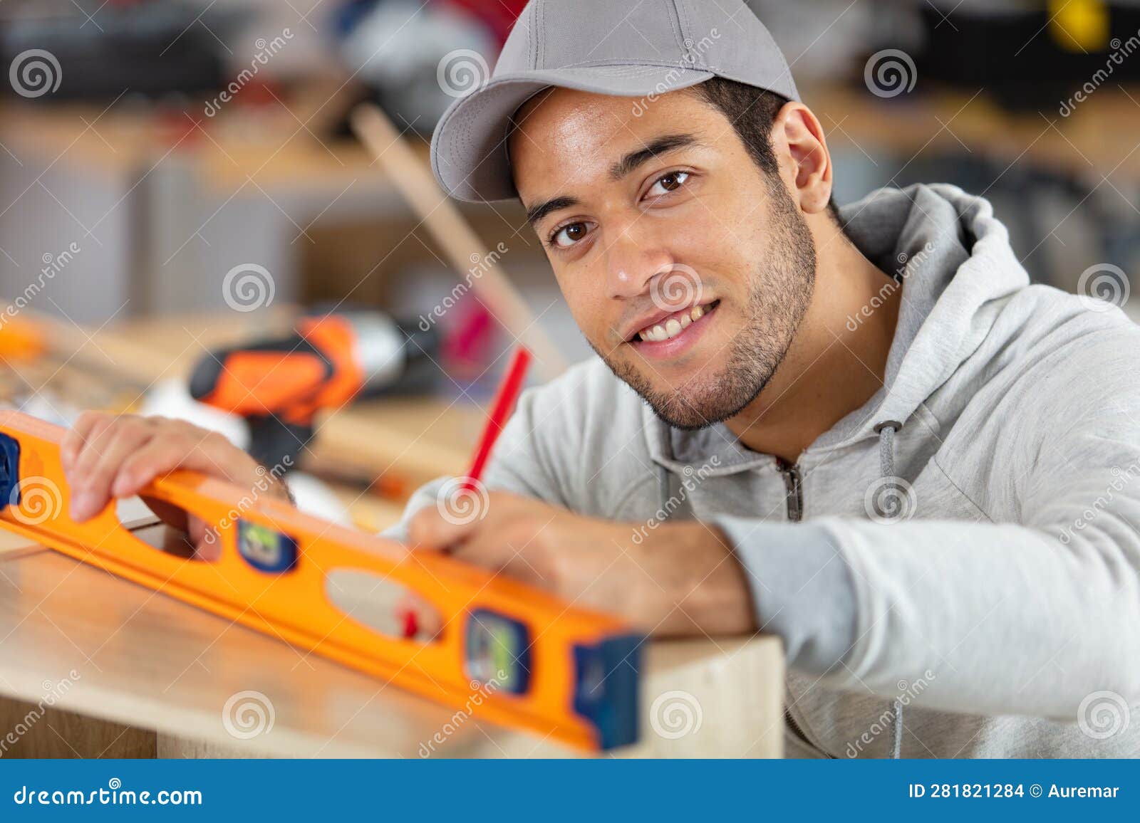 Mason Measuring Plank Wood in Workshop Stock Photo - Image of contract ...