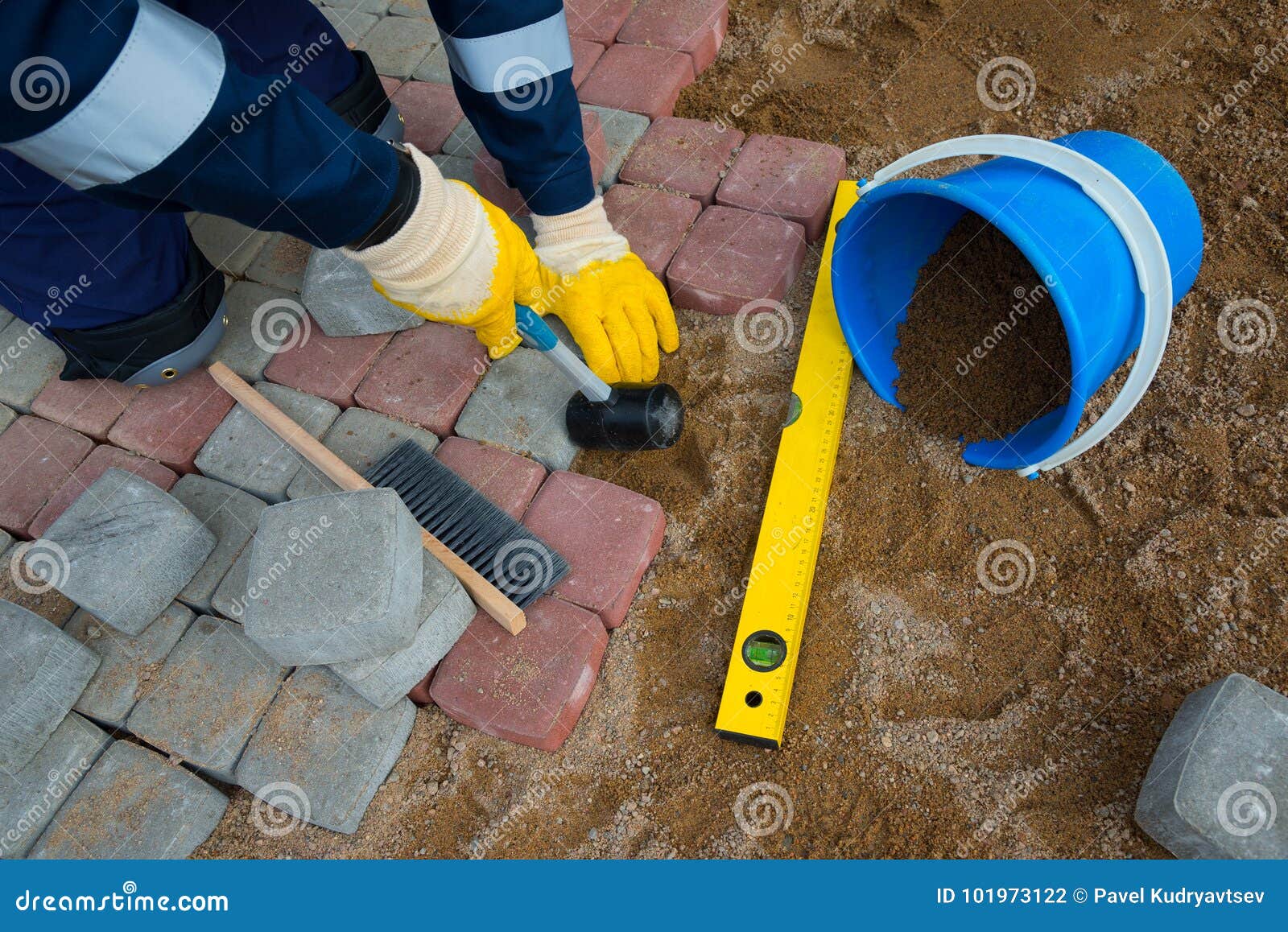 Mason Worker Making Sidewalk Pavement Stock Photo - Image of level ...