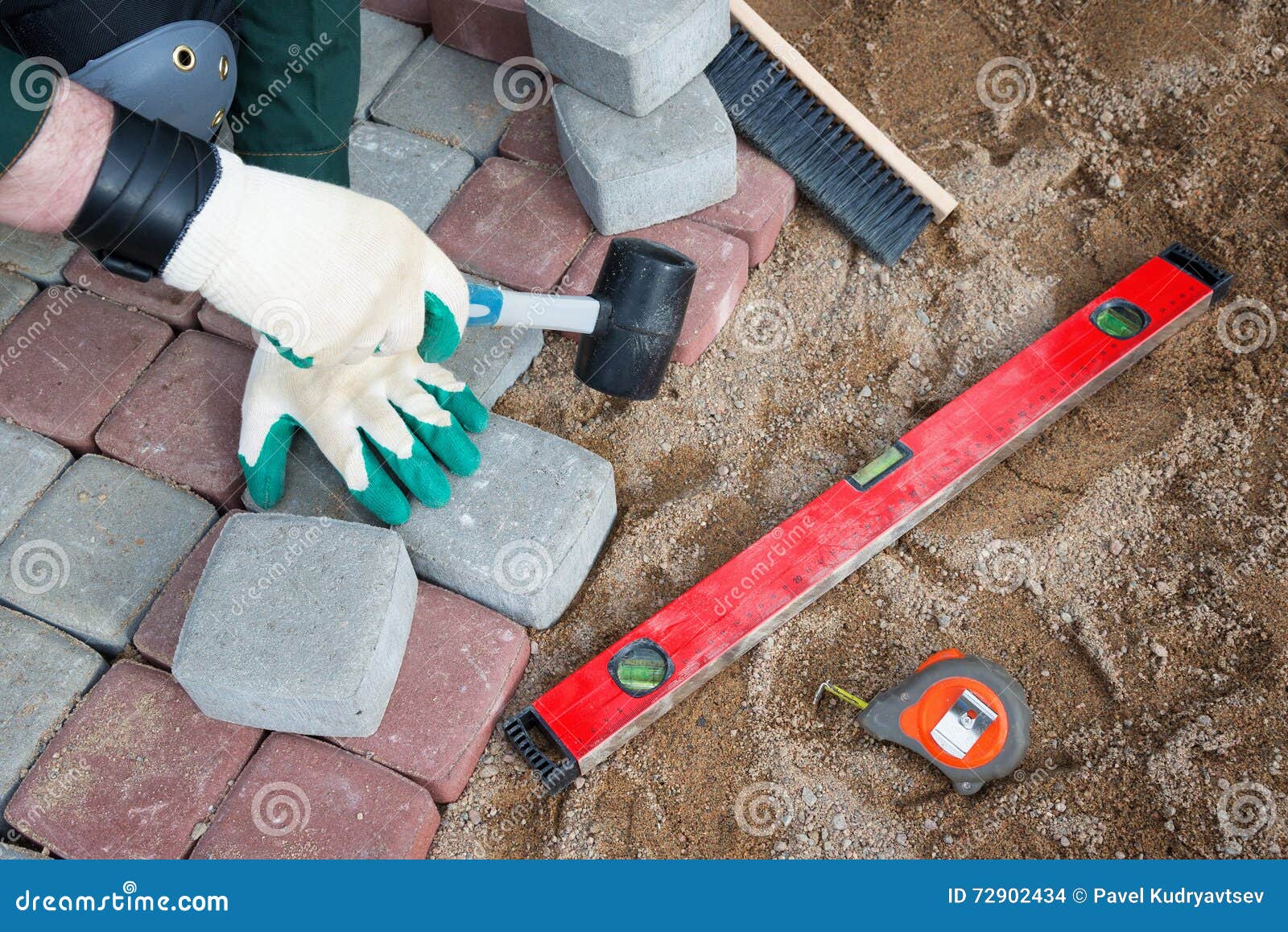 Mason Worker Making Sidewalk Pavement Stock Photo - Image of ...