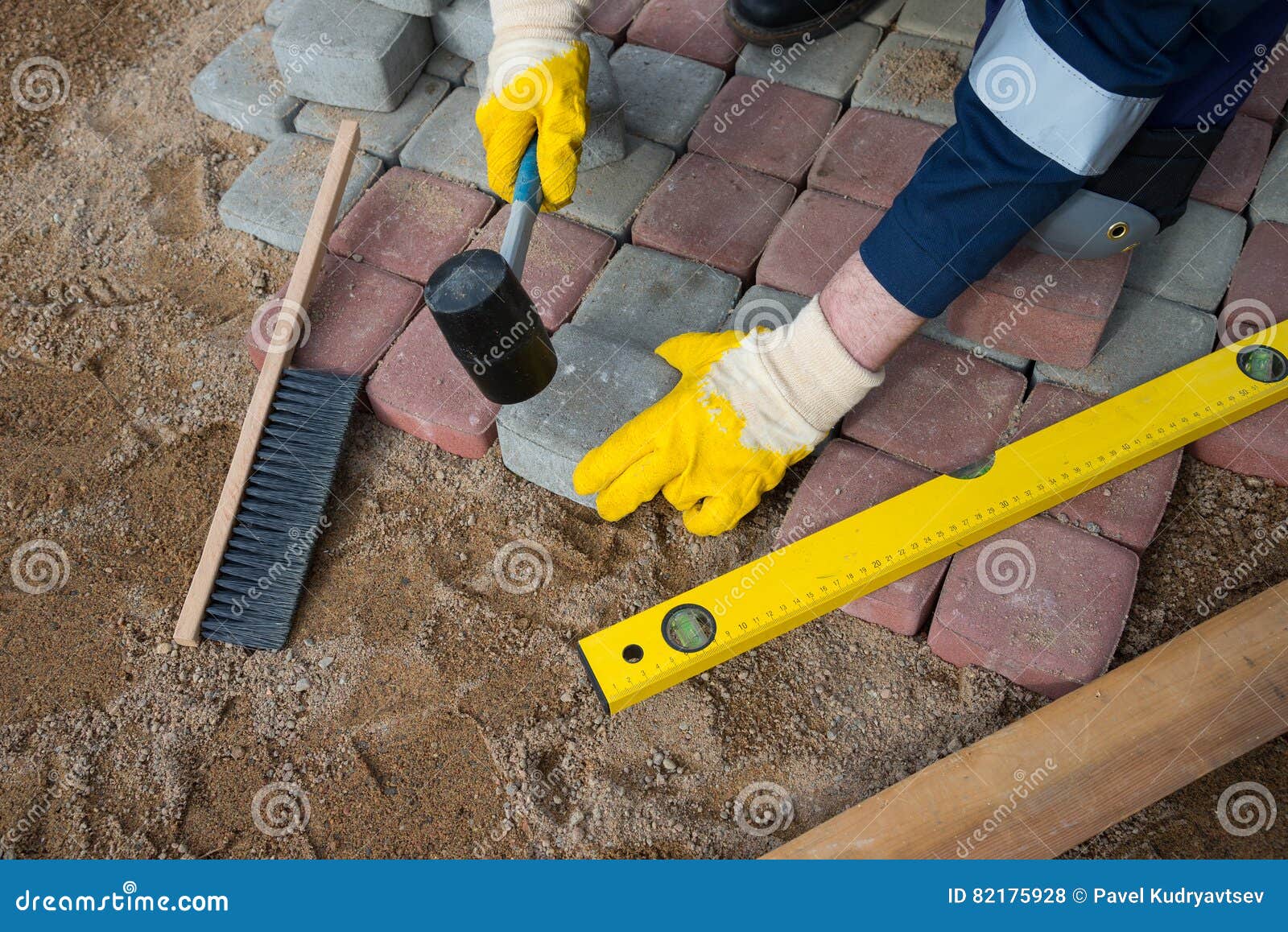 Mason Worker Making Sidewalk Pavement Stock Photo - Image of pavement ...