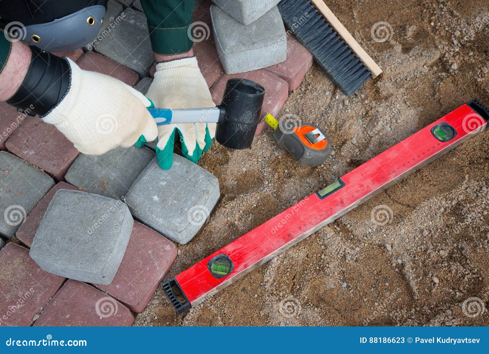 Mason Worker Making Sidewalk Pavement Stock Image - Image of masonry ...