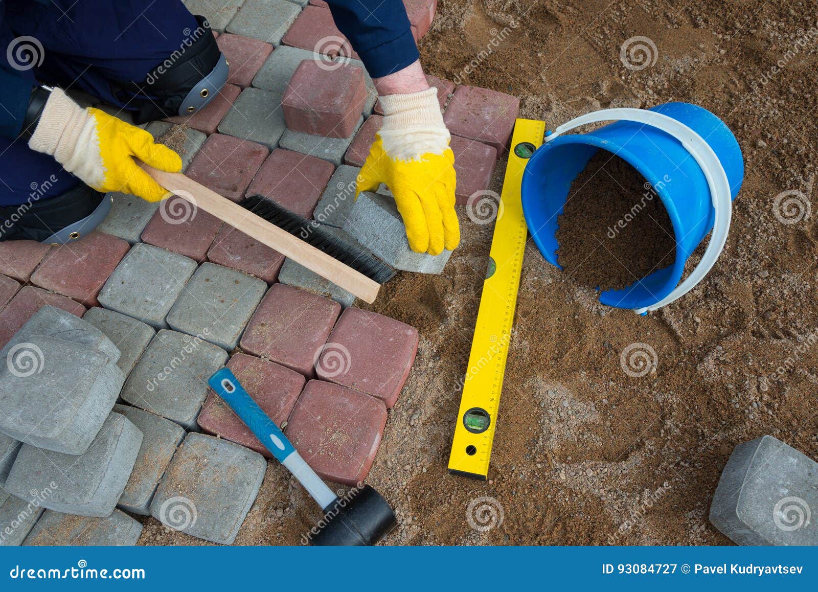 Mason Worker Making Sidewalk Pavement Stock Image - Image of pediment ...