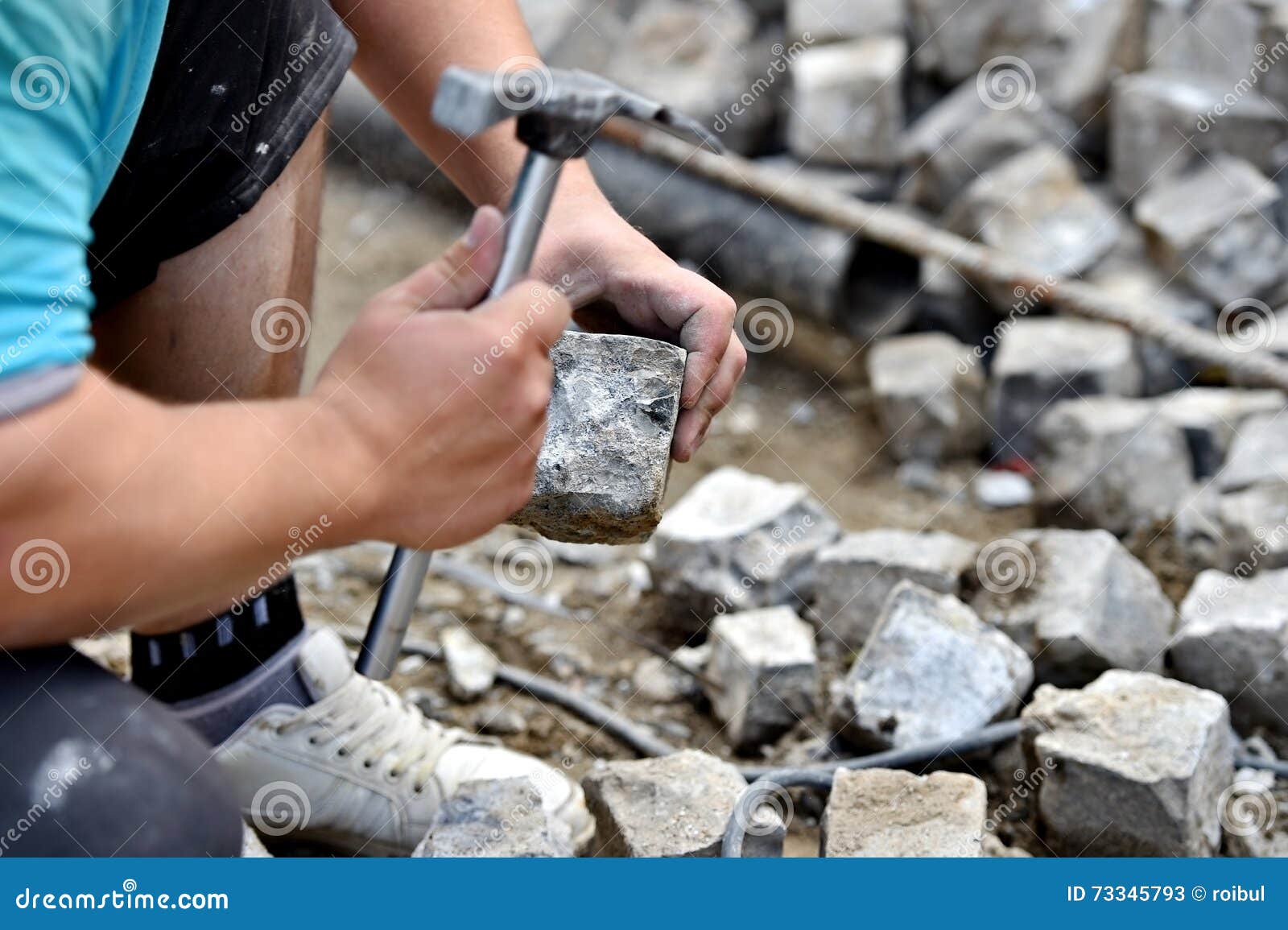 Mason Working with Cobblestone Stock Image - Image of laying, paved ...