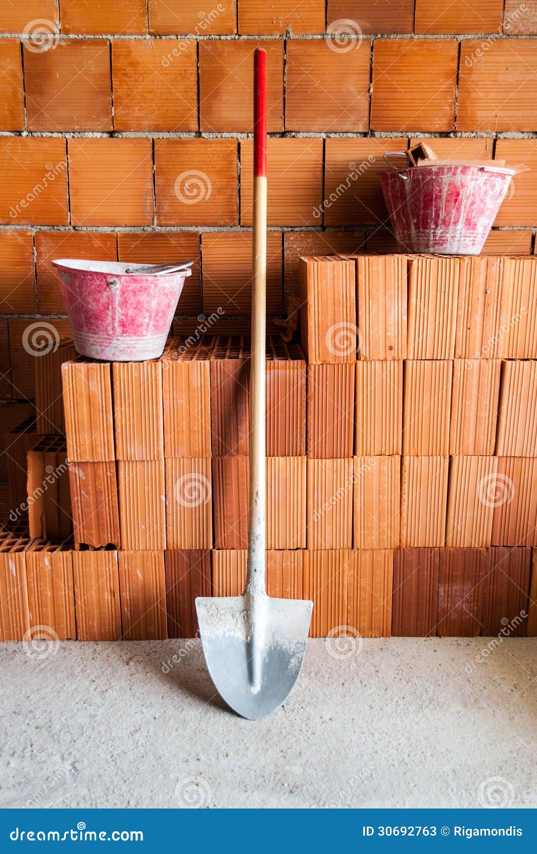 Masonry Bricks, Shovel and Buckets Stock Image - Image of concrete ...