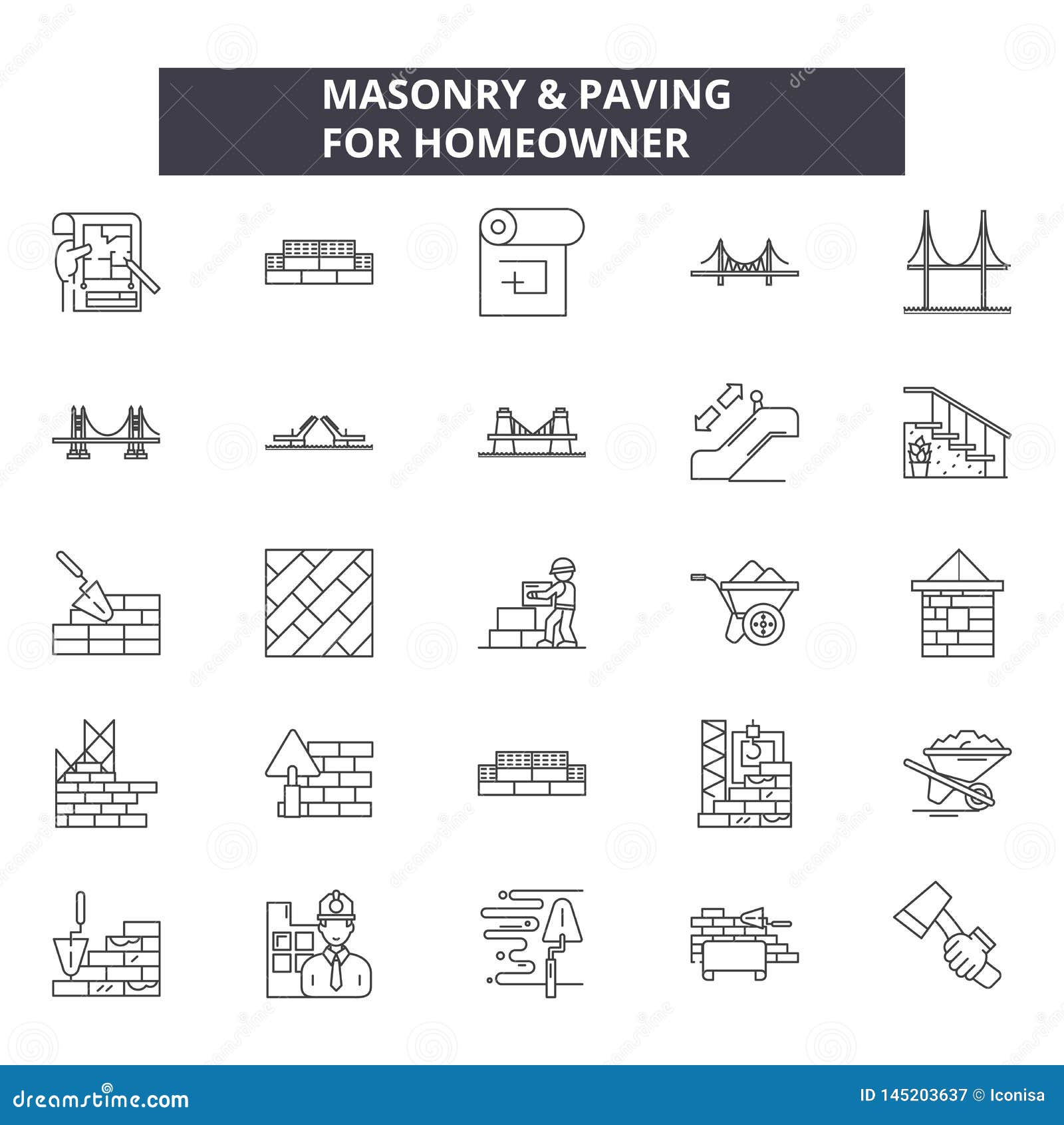 Masonry Line Icons Collection. Mortar, Trowel, Mason, Brick, St ...