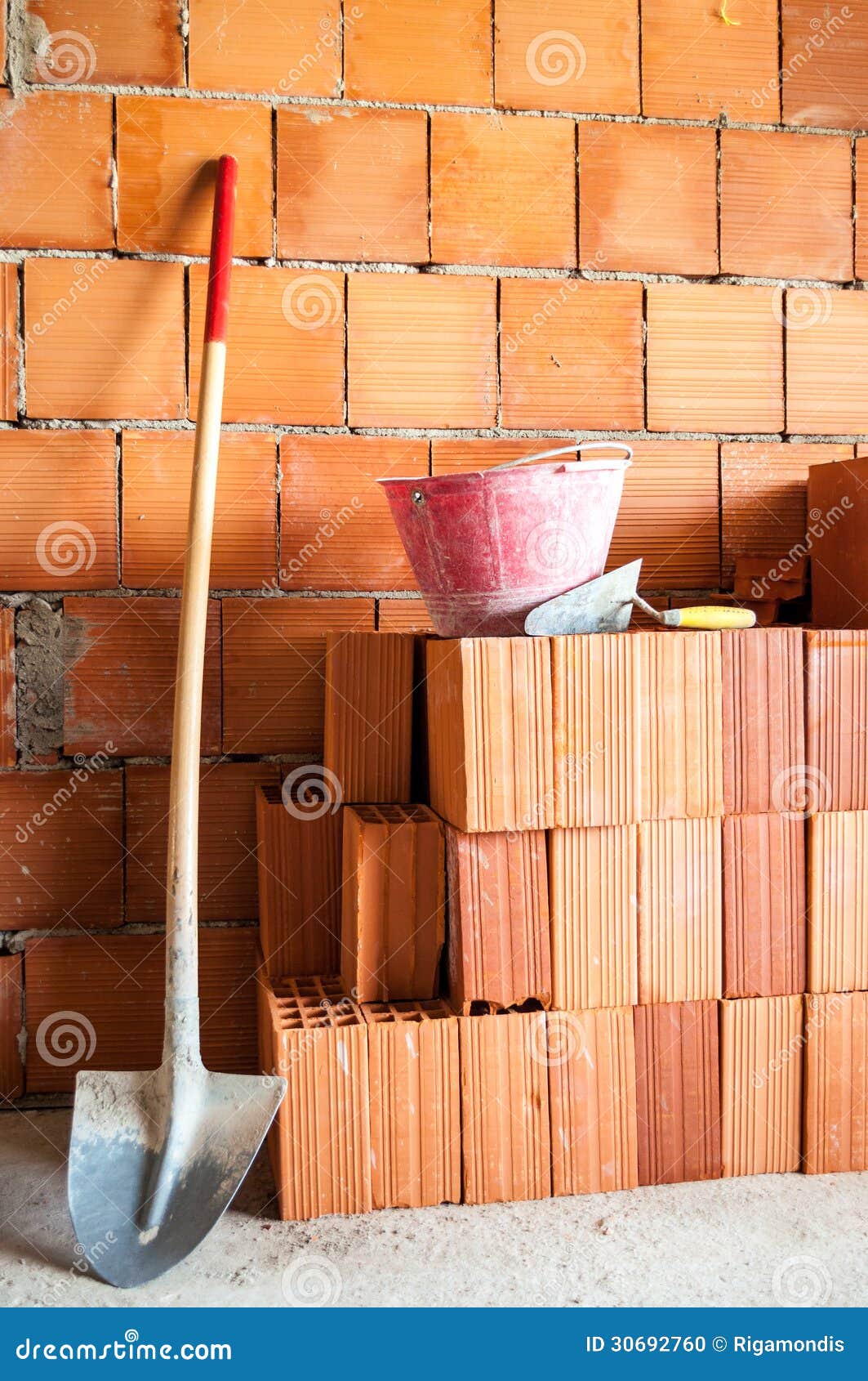 Masonry Shovel Bucket and Bricks Stock Photo - Image of home, manual ...