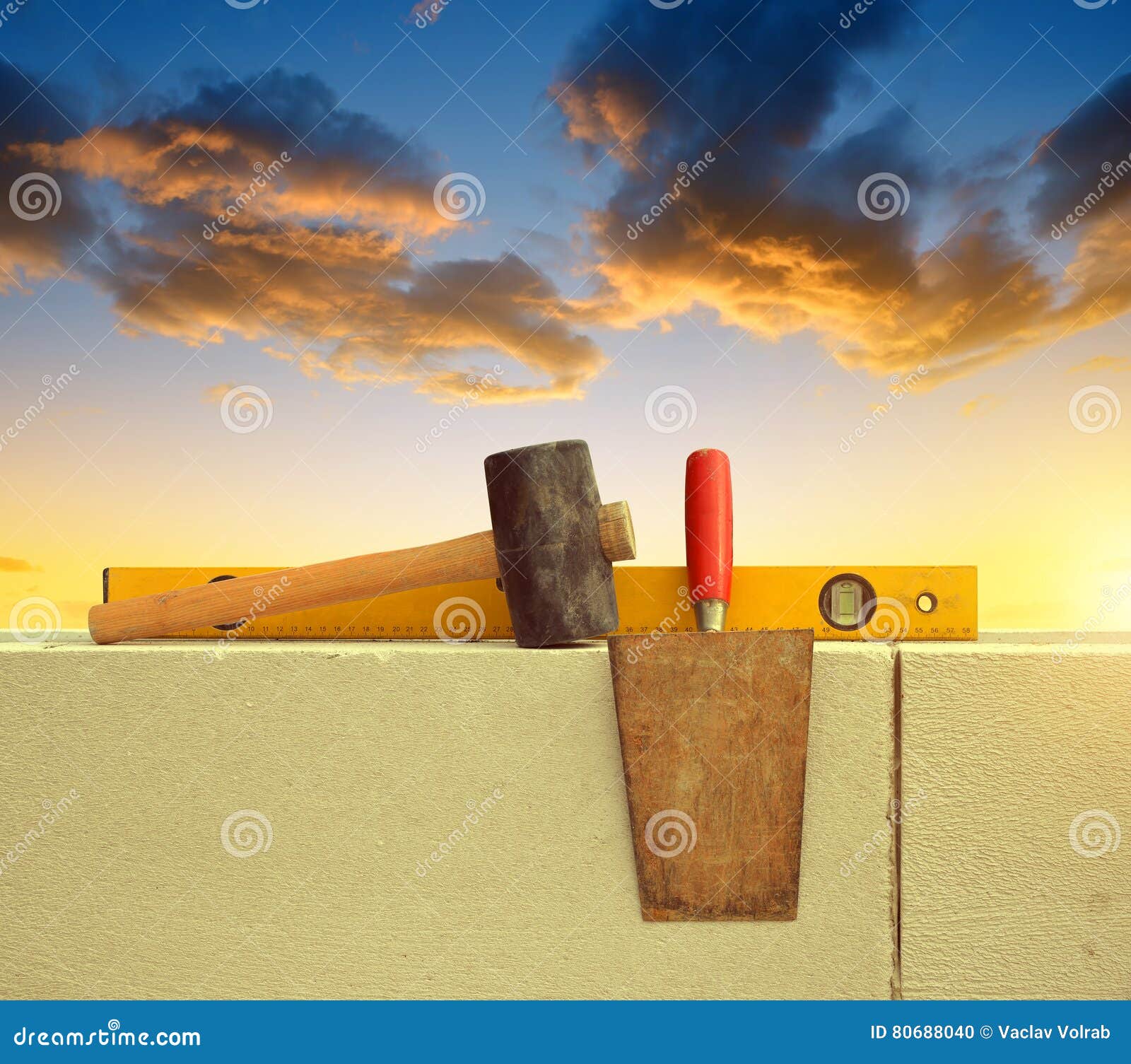 Masonry Tools on Brick Wall Stock Photo - Image of solid, development ...