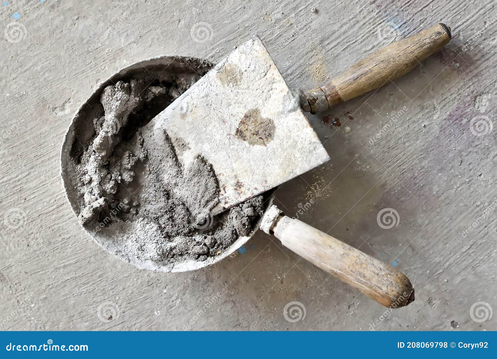 Masonry Tools with Mortar. Gray Concrete Background Stock Photo - Image ...