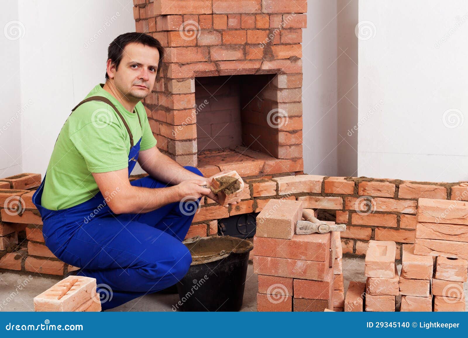 Masonry Worker Building Fireplace Stock Photo - Image of uniform, home ...