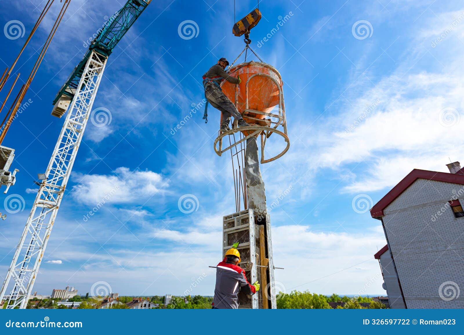 Masons Fill Up Vertical Mold with Help of Crane As Carry Cone Tank for ...