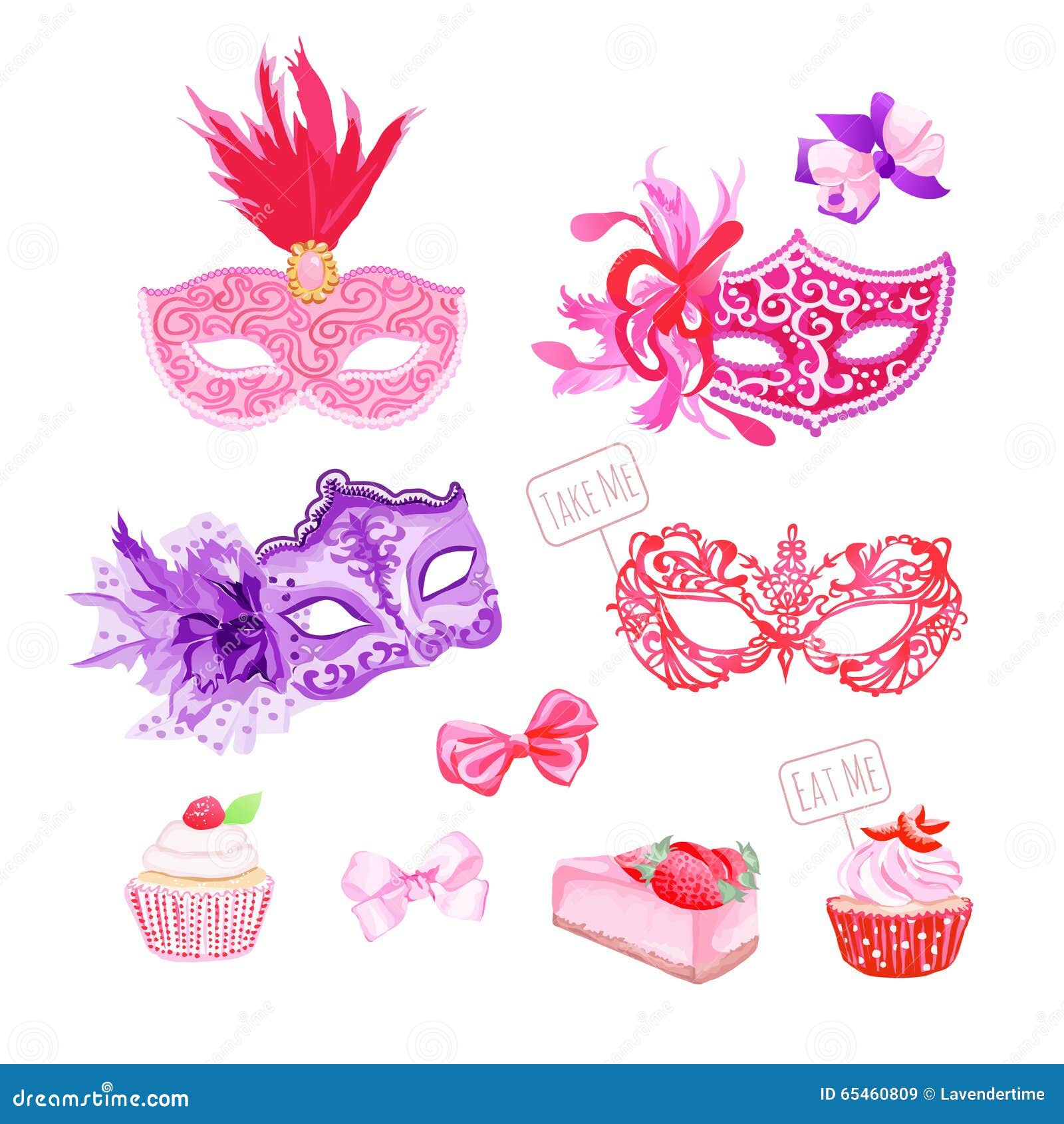 Masquerade Masks,bows, Fresh Pastries Vector Design Objects Set Stock ...