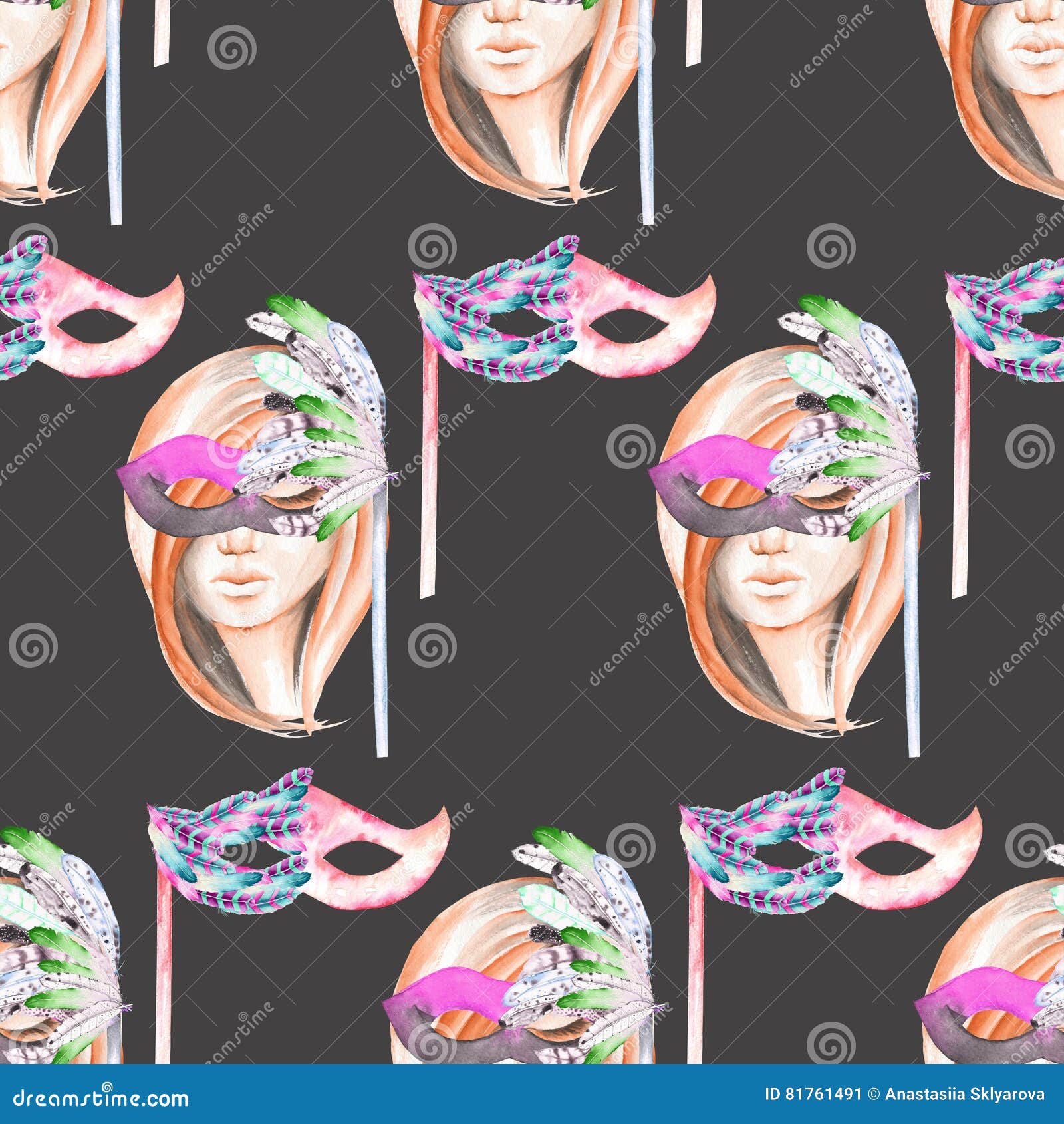 Masquerade Theme Seamless Pattern with Female Image Masked Venetian ...