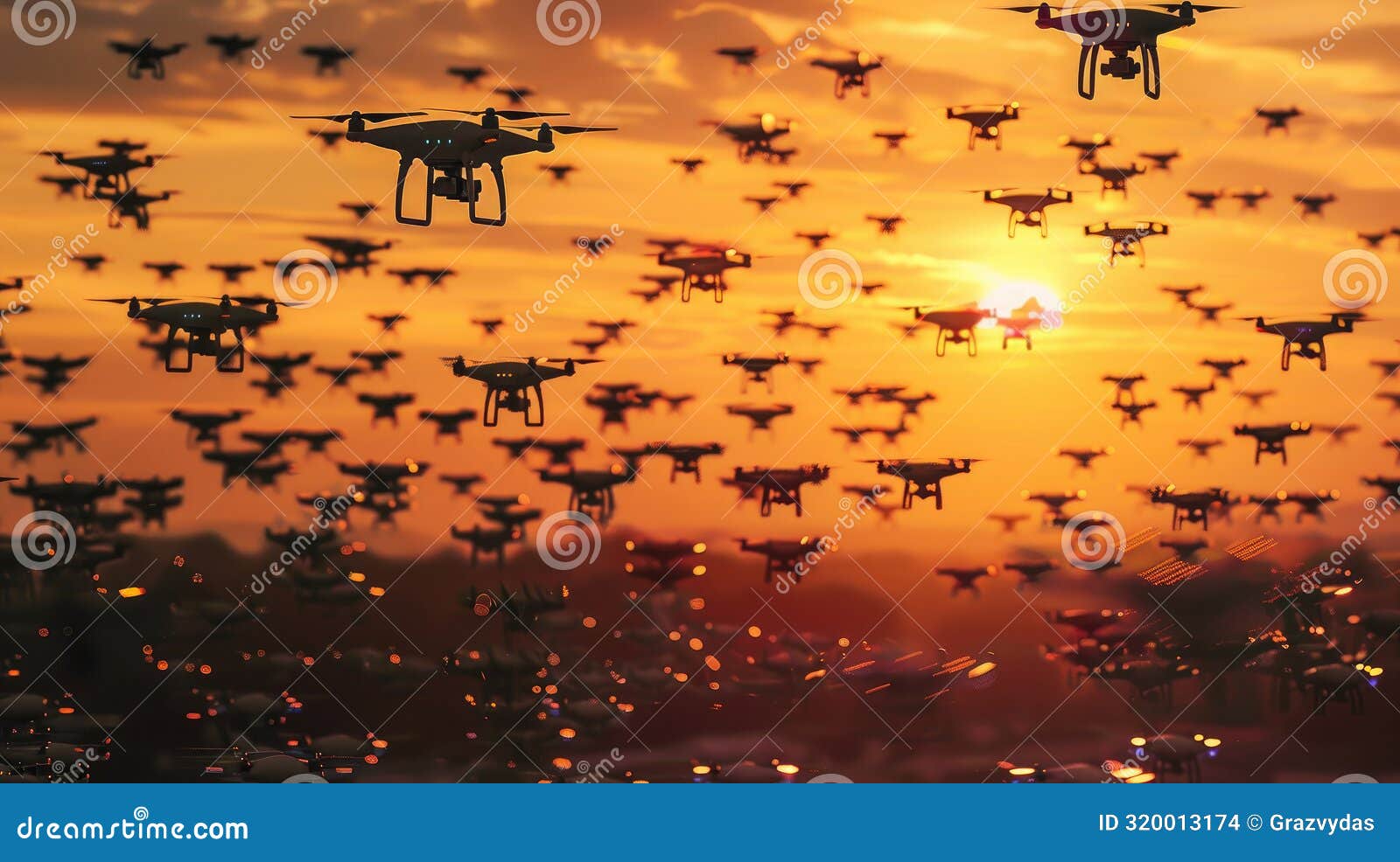 Mass of Drones Flying in Coordination on a Sunset Sky Background Stock ...