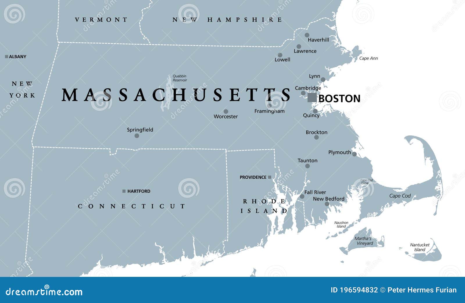 Massachusetts, Gray Political Map, Commonwealth of Massachusetts, MA ...