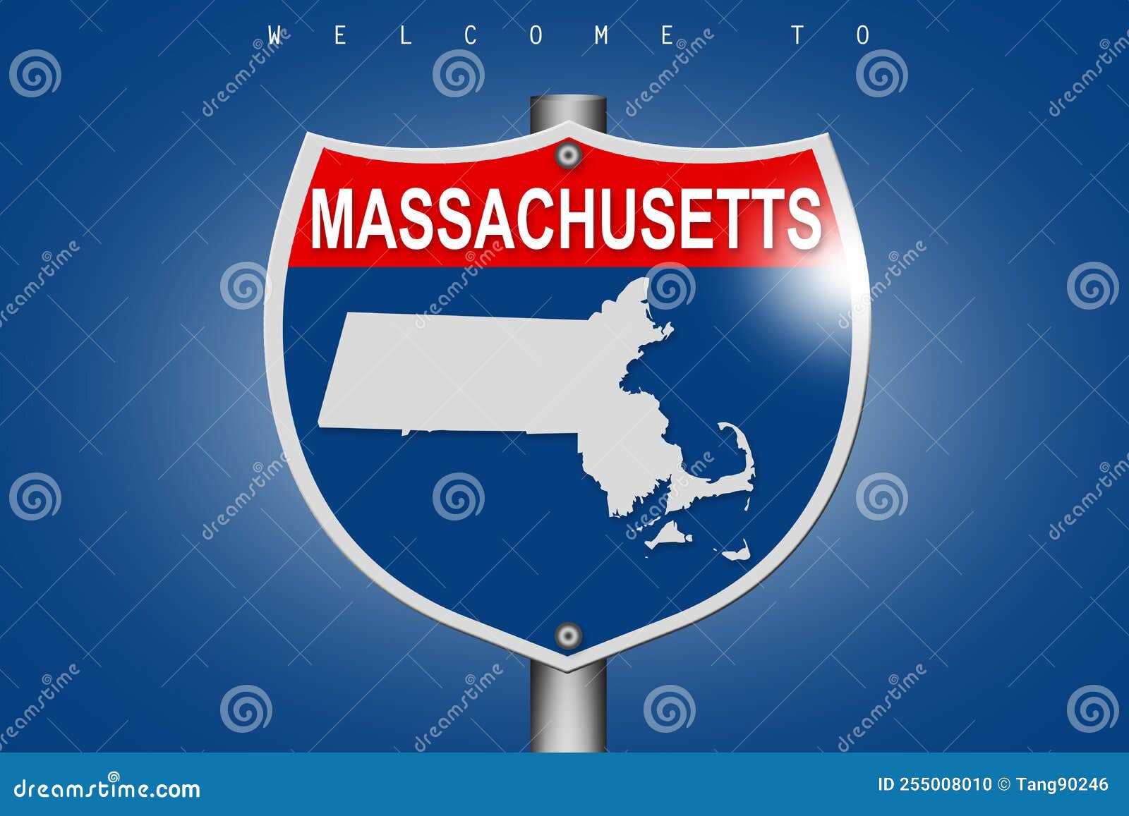Massachusetts on Highway Road Sign Over Blue Background Stock ...