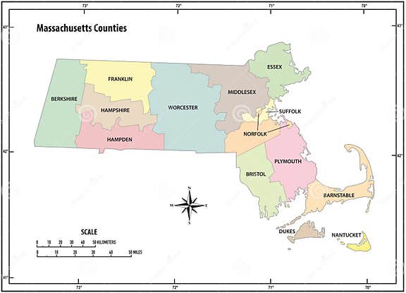 Massachusetts State Outline Administrative And Political Vector Map In Color Stock Vector