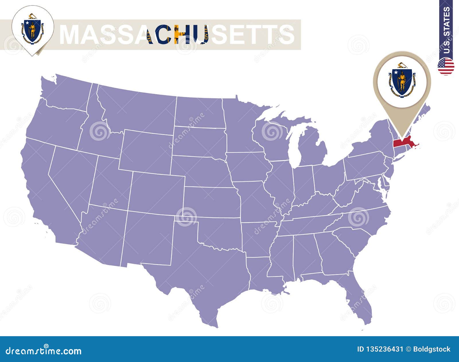 Massachusetts State on USA Map. Massachusetts Flag and Map Stock Vector ...