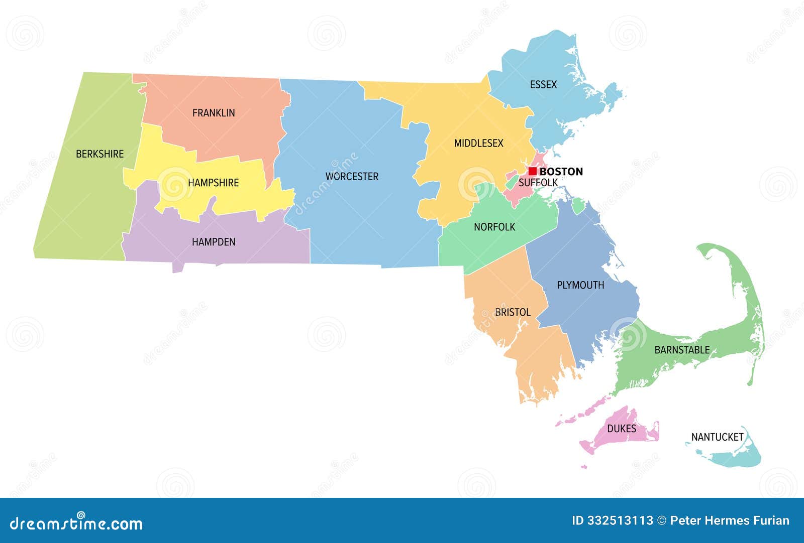 Massachusetts, U.S. State, Subdivided Into 14 Counties, Multi Colored ...