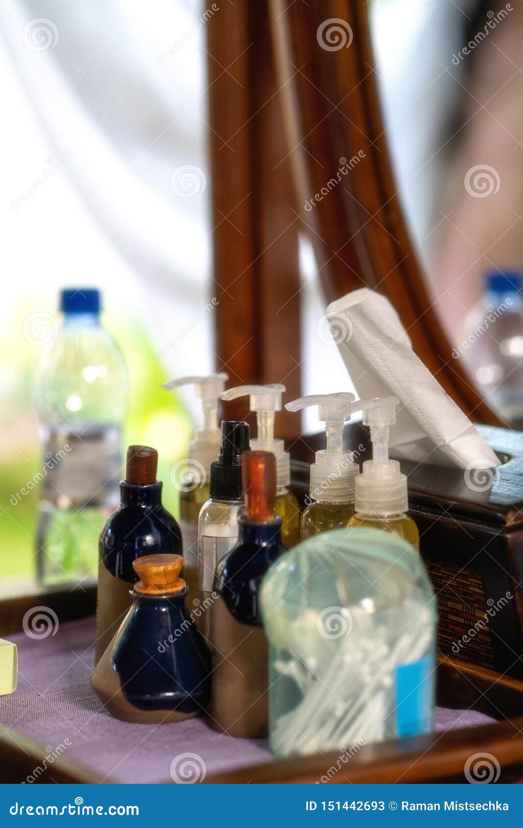 Massage Jars Of Massage Oils Are Placed On The Spa Mirror Stock Image Image Of Place Decor