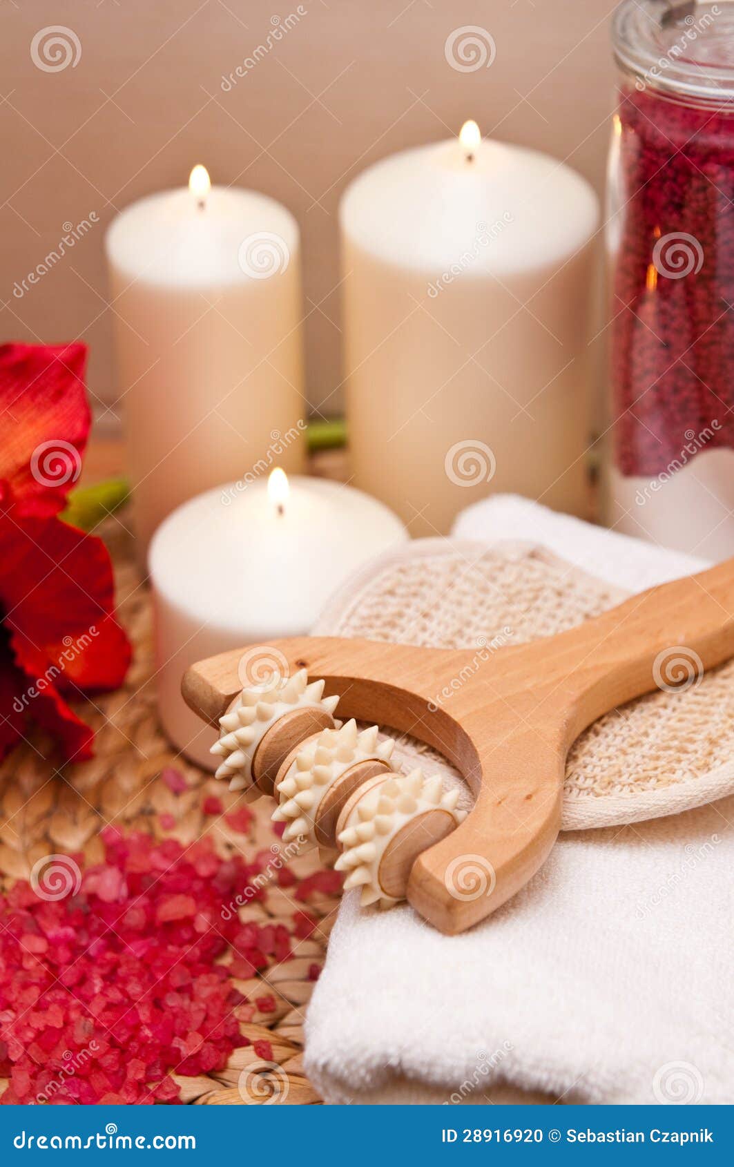 Massage Roller, Candles and Bath Salts Stock Photo - Image of wooden ...
