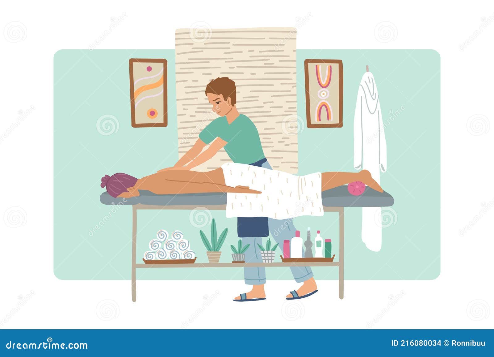 Masseur Homme Faisant Massage à La Table De Massage Fille Et Armoire