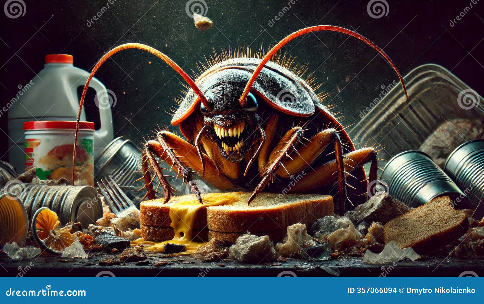 Massive Angry Cockroach Sitting on Bread among Trash with Dramatic ...