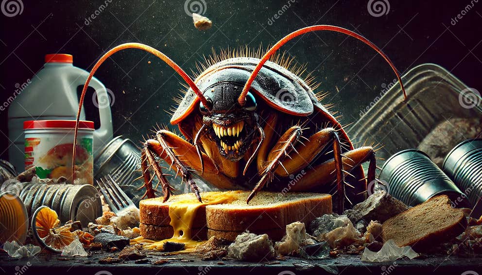 Massive Angry Cockroach Sitting on Bread among Trash with Dramatic ...