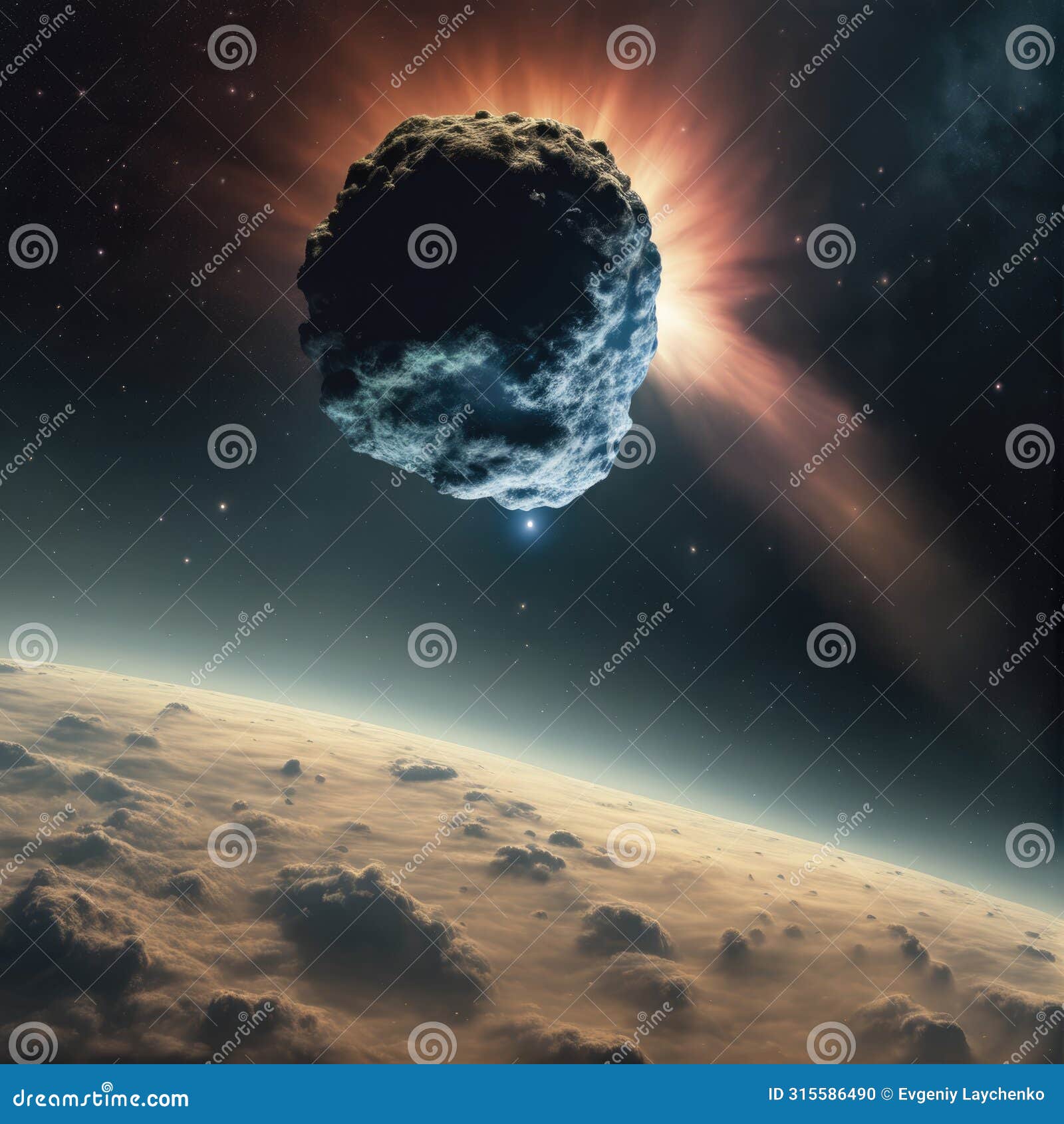 Massive Asteroid Approaching Planet Earth Against a Starry Sky ...