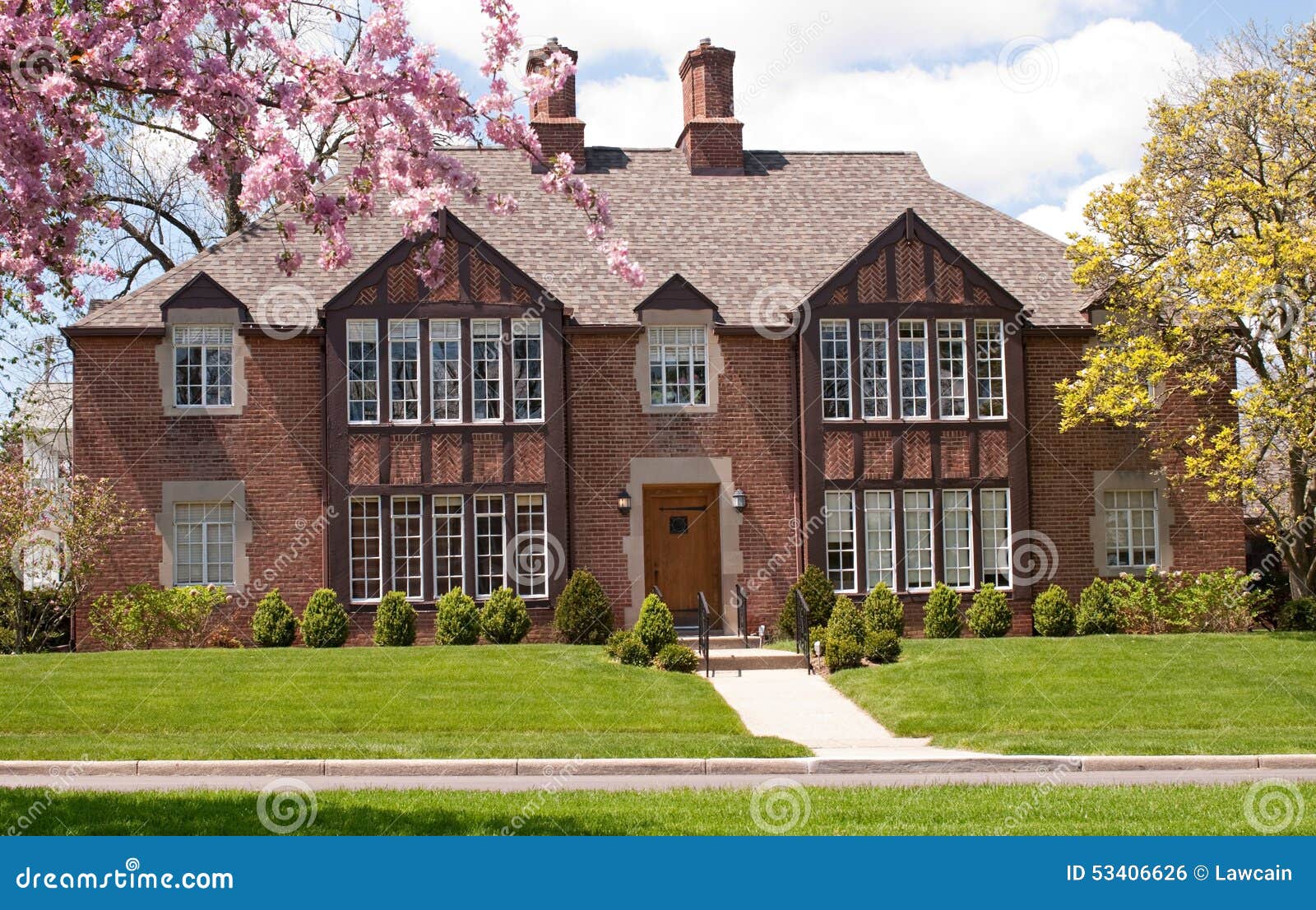 Massive Brick House in Spring Stock Photo - Image of exterior, curb ...