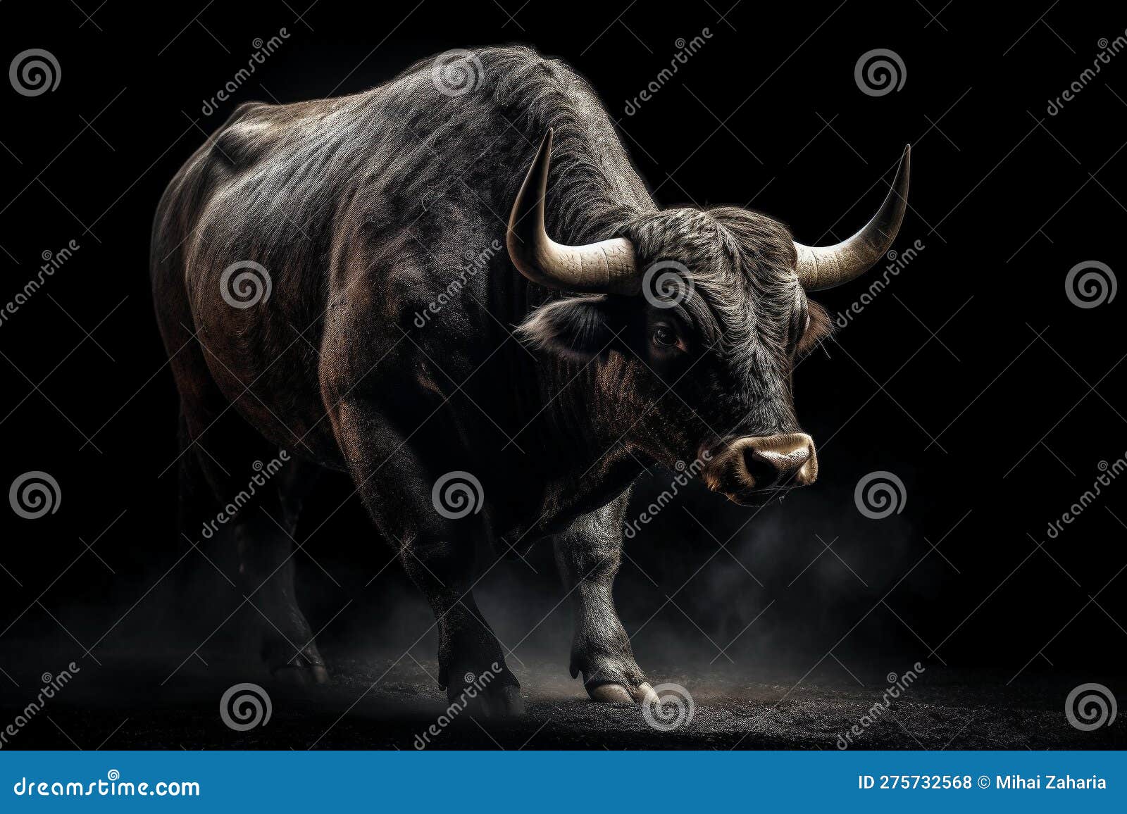 A Bull Is Walking Down The Street With People In The Background Royalty ...