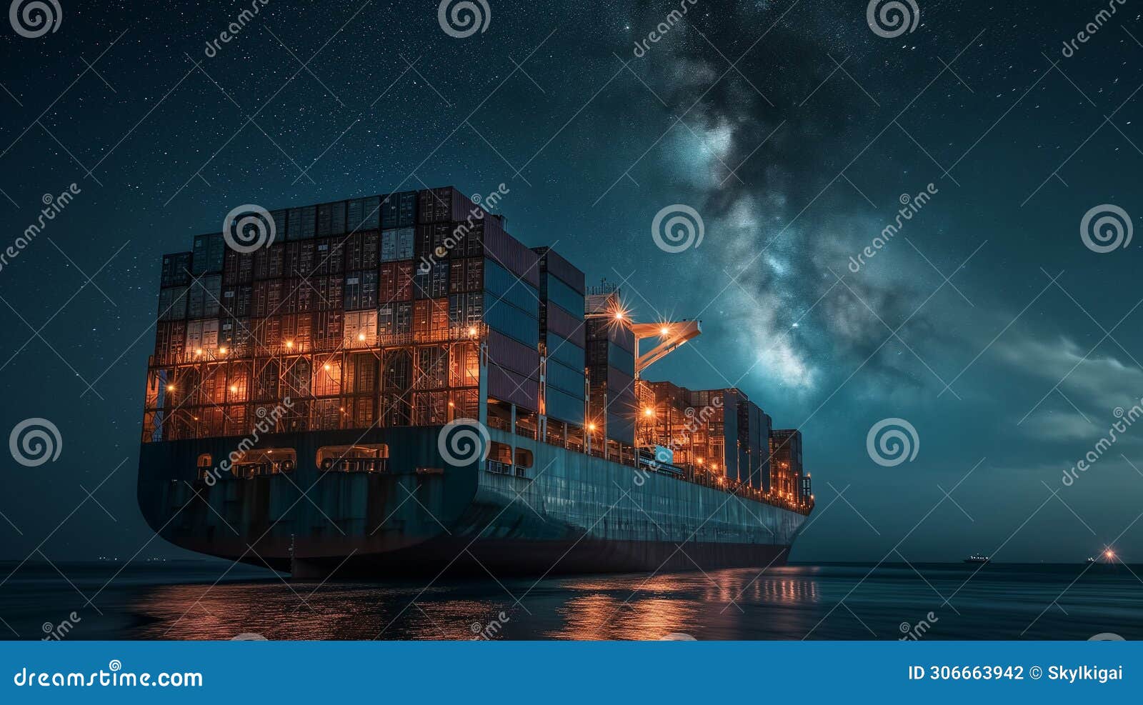 A Large Cargo Container Ship in the Middle of the Ocean at Night Stock ...