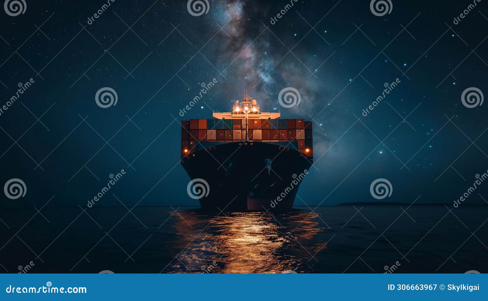 A Large Cargo Container Ship in the Middle of the Ocean at Night Stock ...