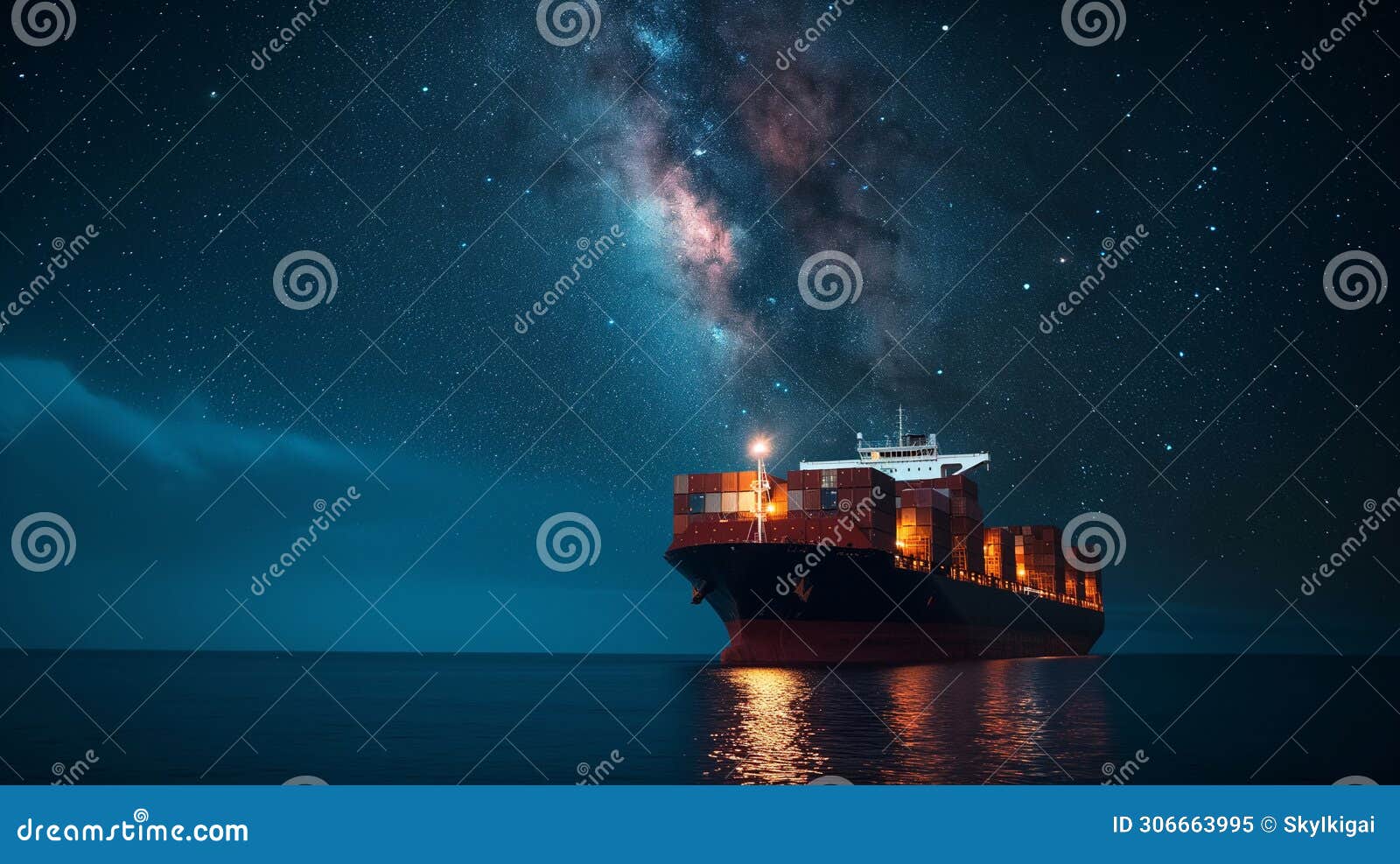 A Large Cargo Container Ship in the Middle of the Ocean at Night Stock ...
