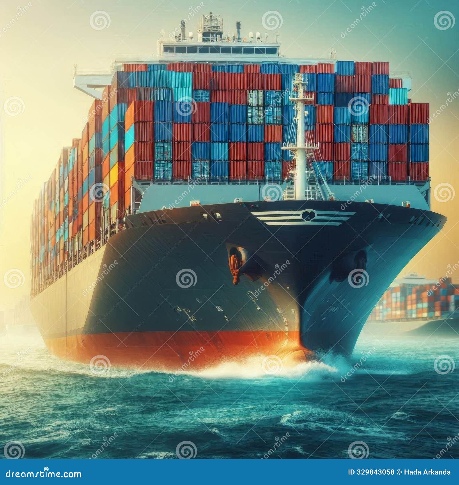 Massive Cargo Ship Loaded with Containers Moving through the Ocean ... Massive Cargo Ship Loaded with Containers Moving through the Ocean ...
