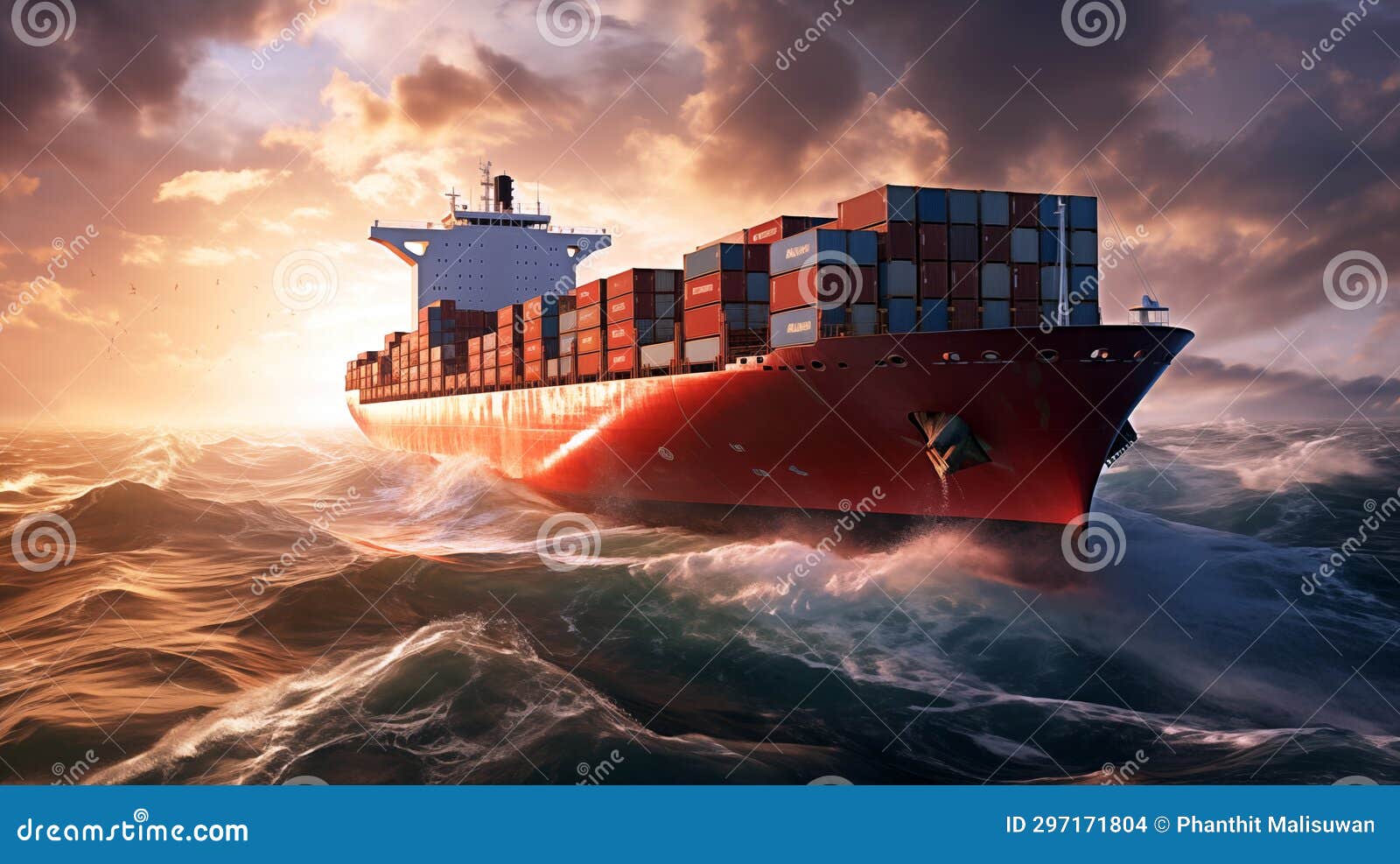 Massive Cargo Ship Plowing through the High Seas, Its Hull Lined with ...