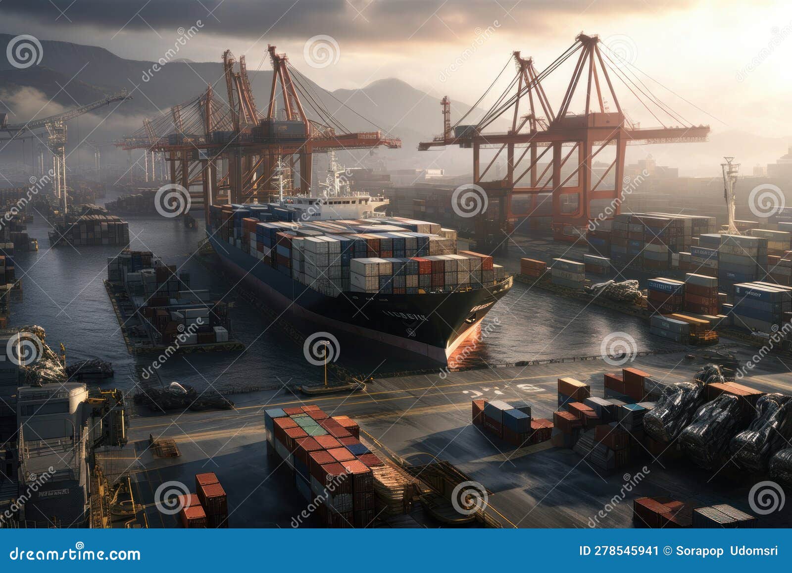 Massive Cargo Ship Surrounded by Containers at a Busy Port Stock ...