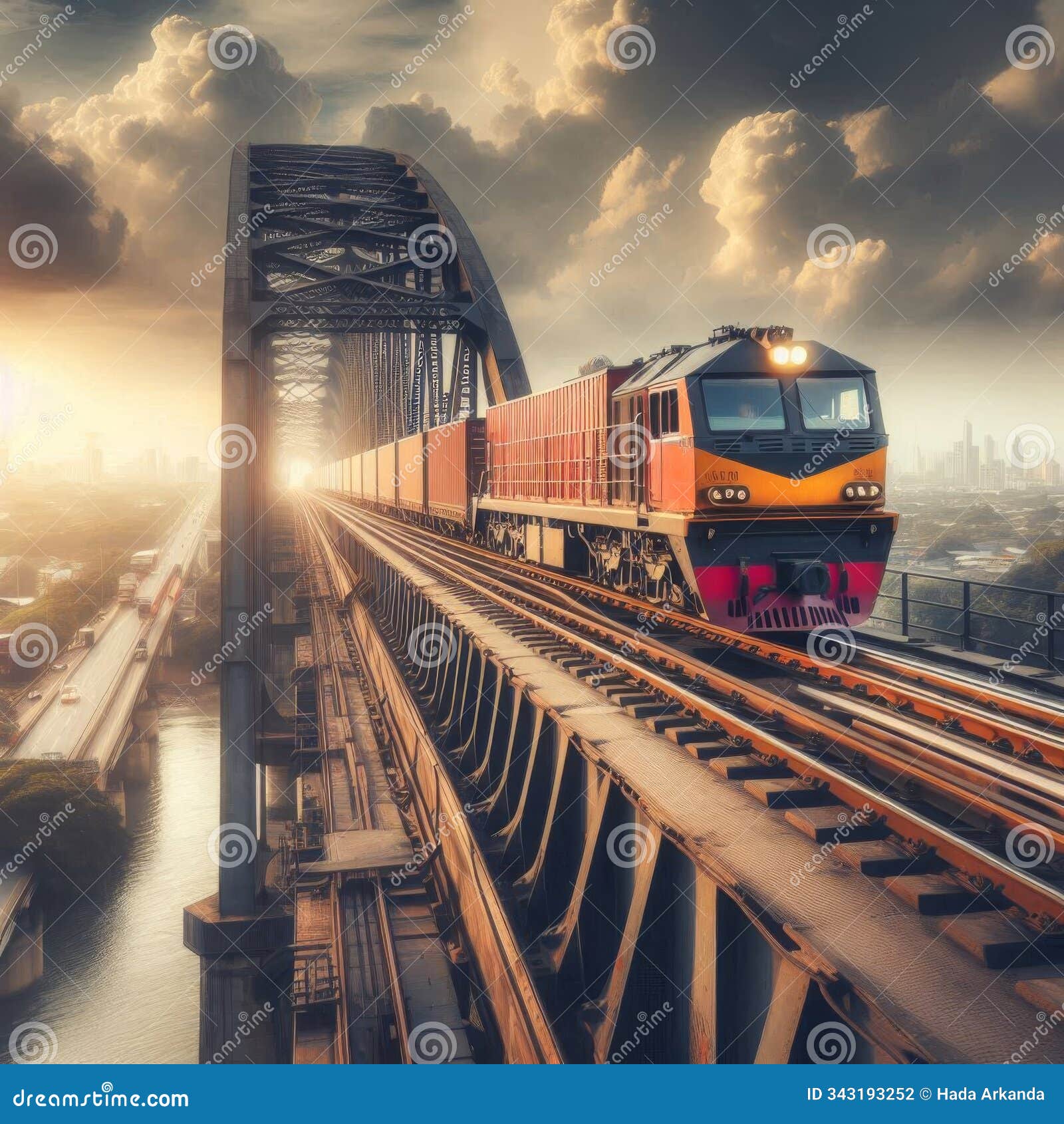 Massive Cargo Train on a Bridge, Emphasizing Movement and Connectivity ...