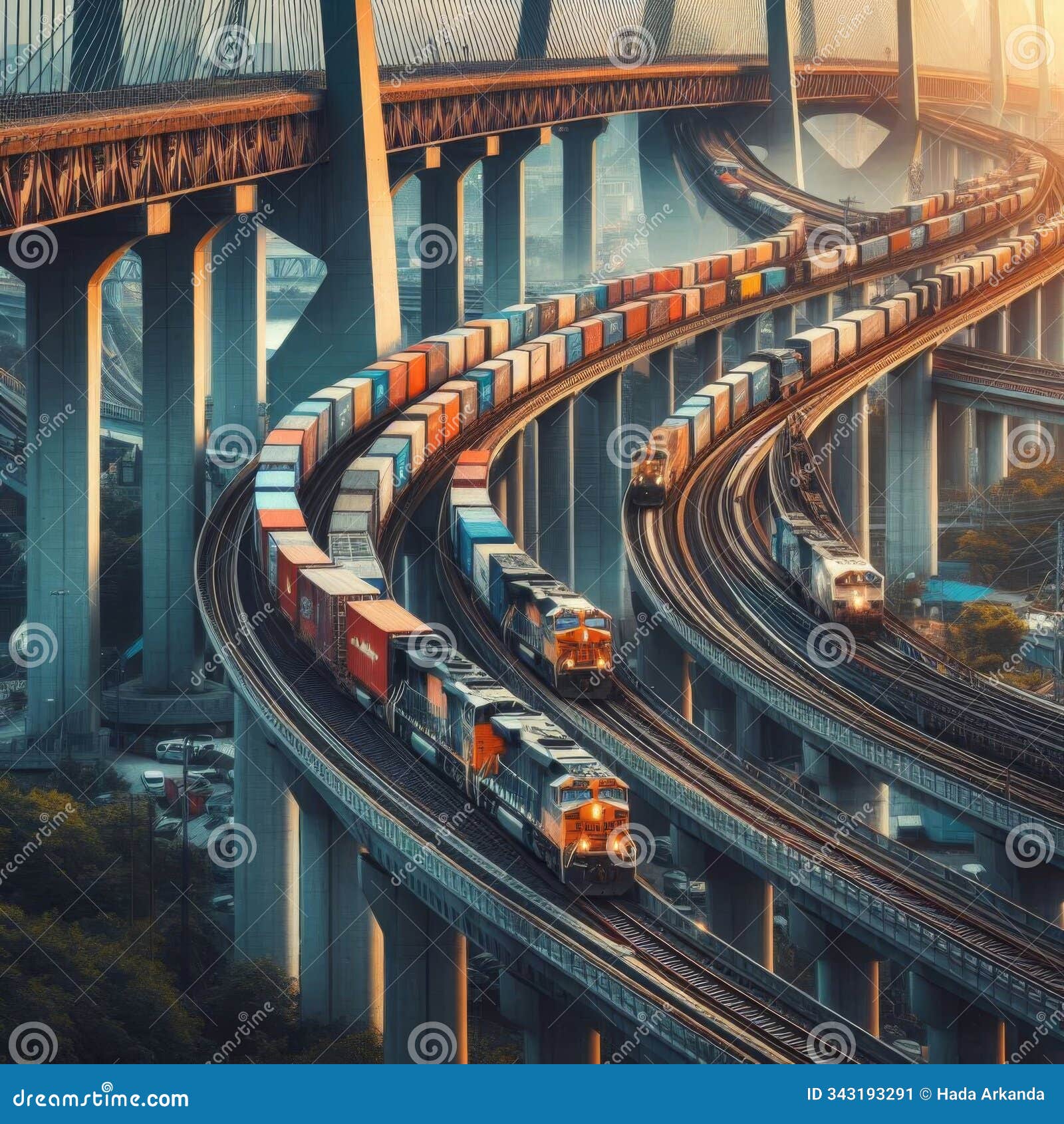 Massive Cargo Train on a Bridge, Emphasizing Movement and Connectivity ...