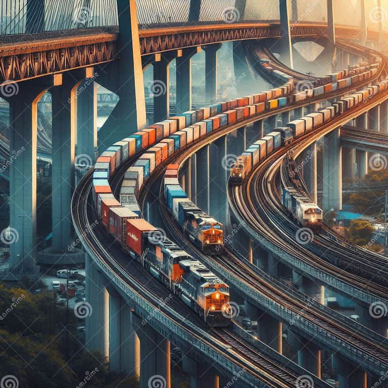 Massive Cargo Train on a Bridge, Emphasizing Movement and Connectivity ...