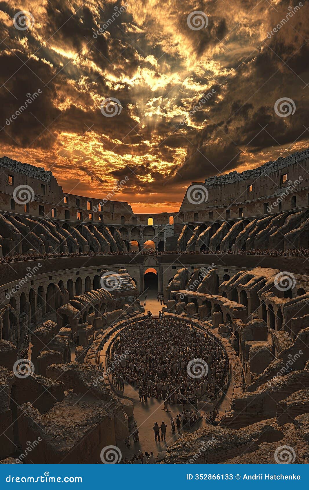 A Massive Coliseum with Cheering Crowds and a Dramatic Sky. Game ...