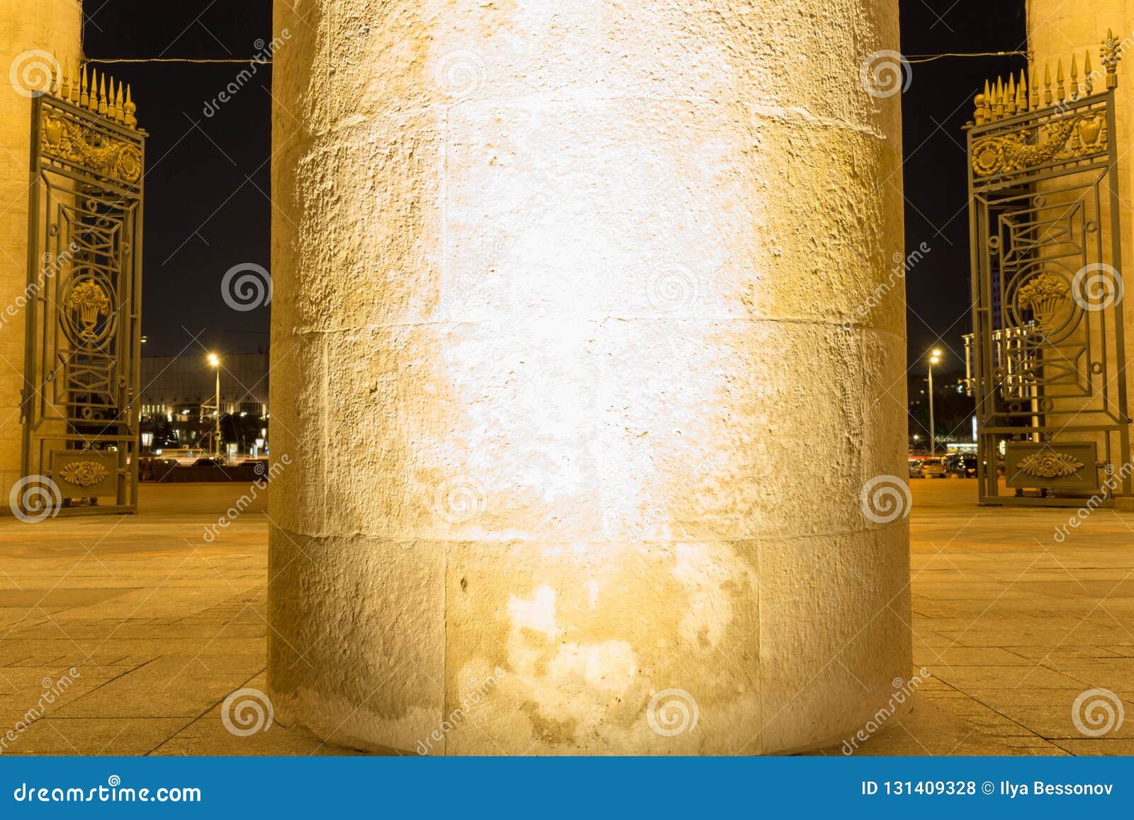 Massive Column Near the Gate in the Evening. Night Stock Photo - Image ...