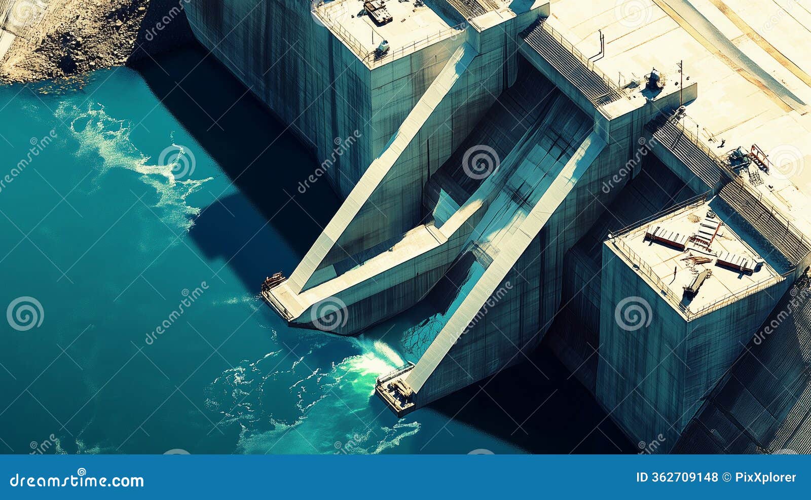 Massive Concrete Dam Structure, Water Flowing Through Spillway ...