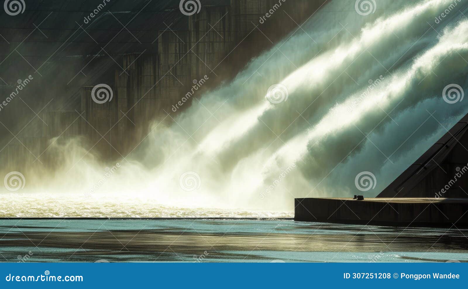 Massive Concrete Dam with Water Overflowing the Spillway Stock ...