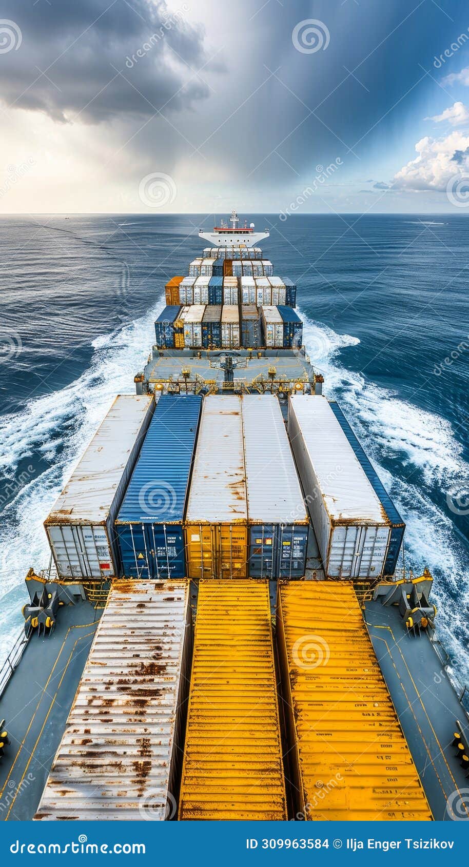 Massive Container Ship Fully Loaded in Vibrant Blue Ocean Waters, Front ...