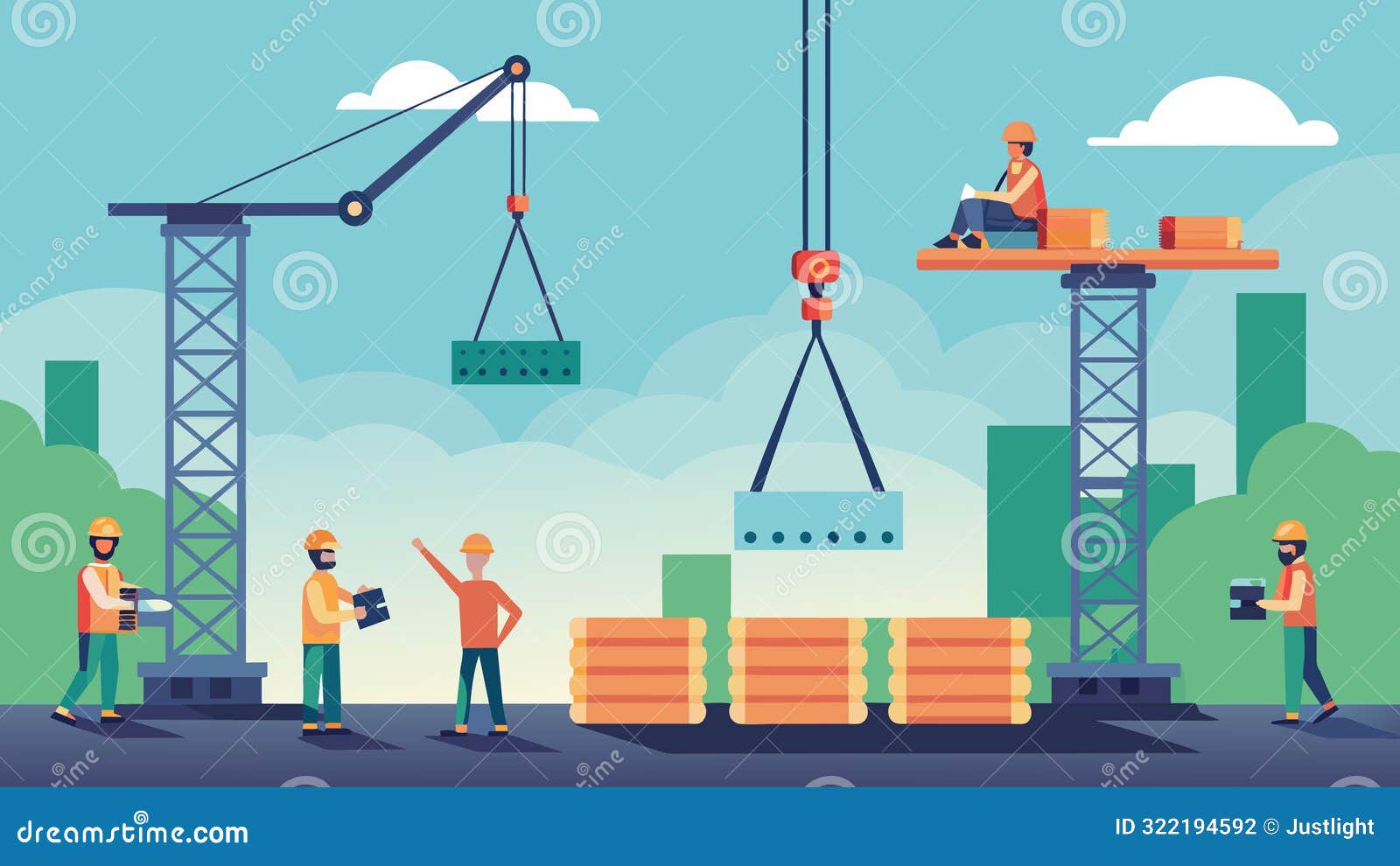 Cranes And Concrete Pump Trucks On Construction Site Cartoon Vector ...