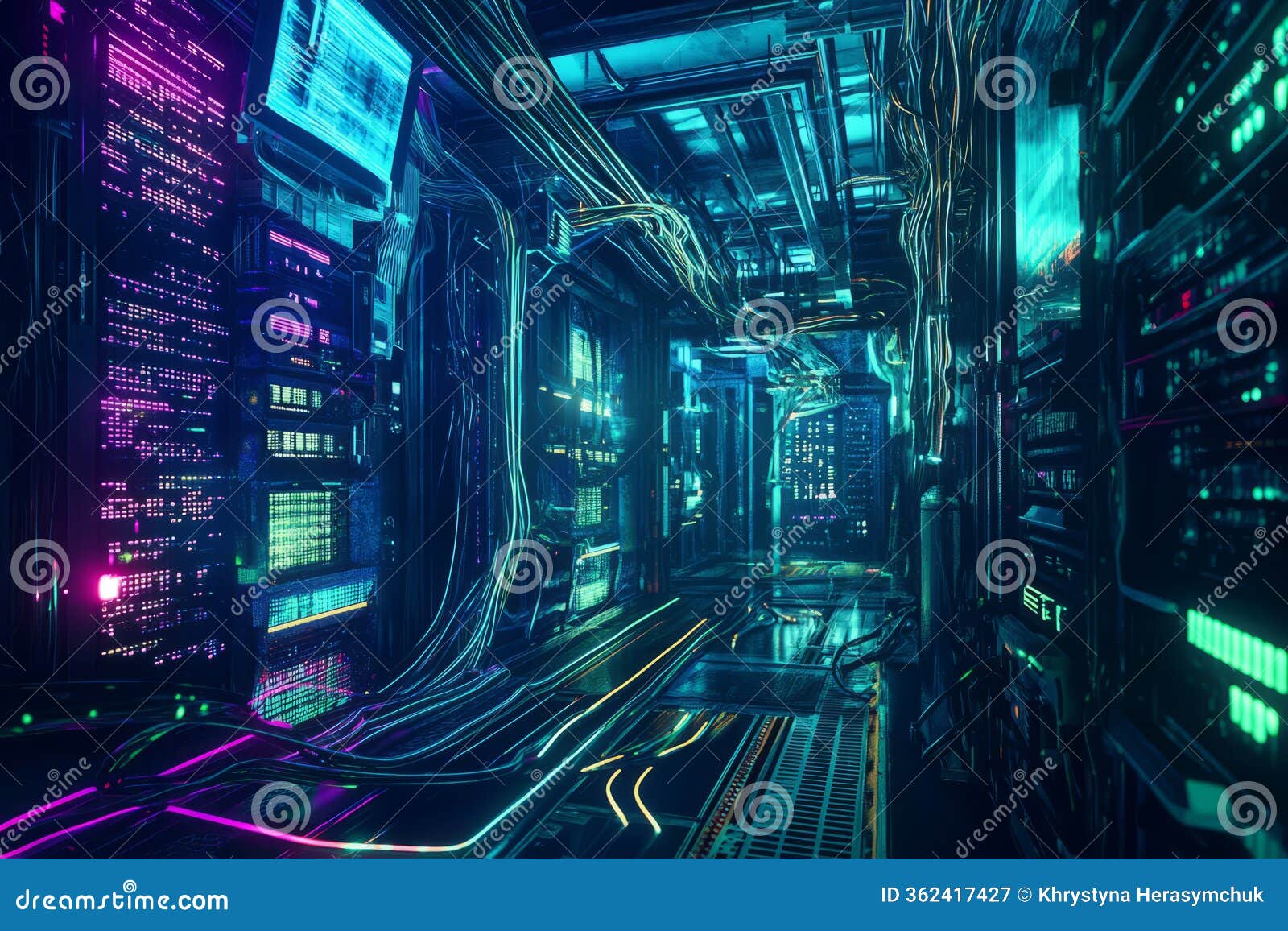 A Massive Cyberpunk Data Center with Glowing Server Racks, Pulsing ...