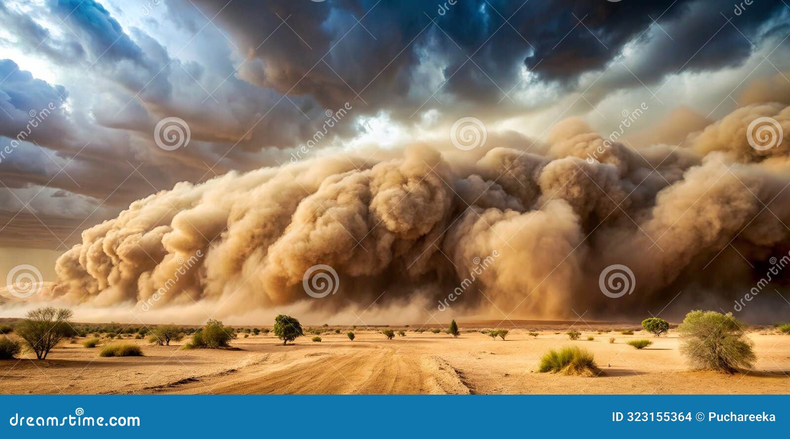 A Massive Dust Storm Rolls in Over a Barren Desert Landscape Casting a ...