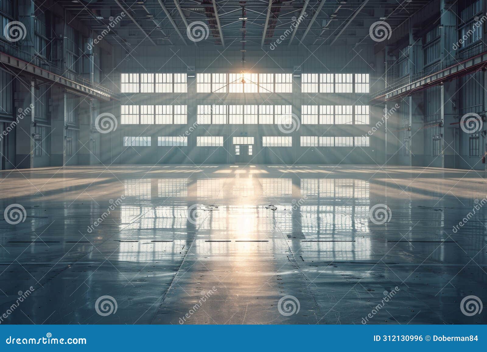 Massive Empty Airplane Hangar with Sunlight Streaming through Windows ...