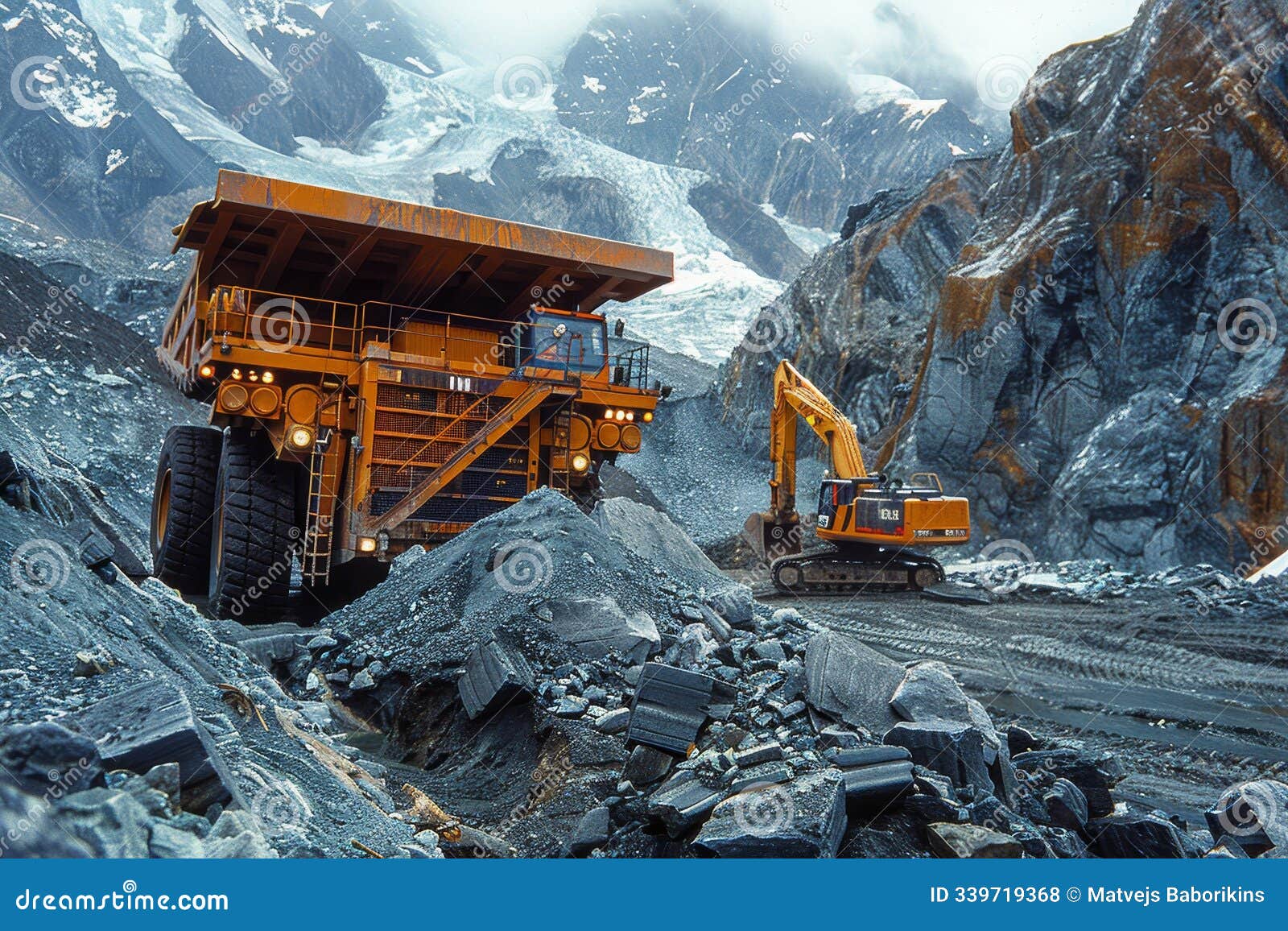 Massive Excavator Loading Rock Formation into Heavy Mining Dump Truck ...