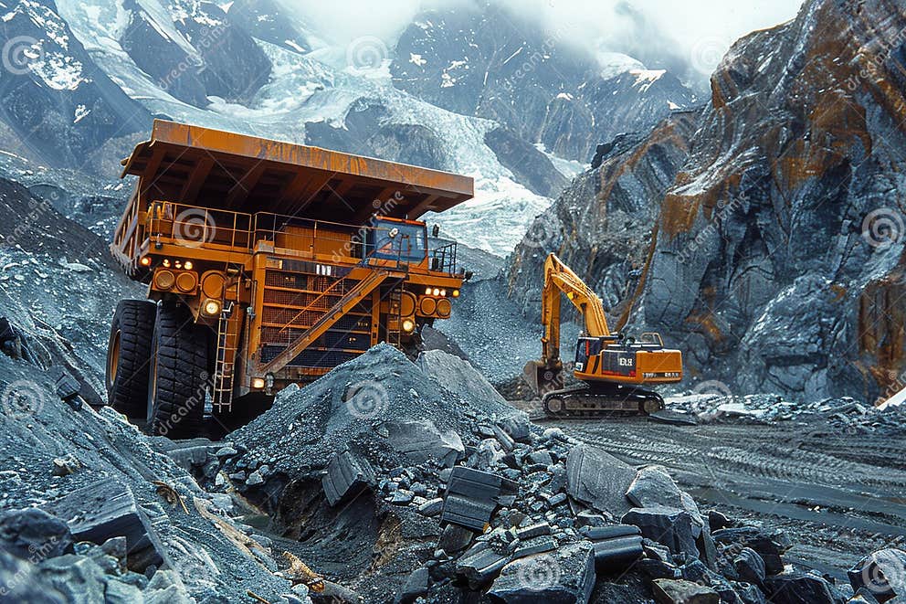 Massive Excavator Loading Rock Formation into Heavy Mining Dump Truck ...